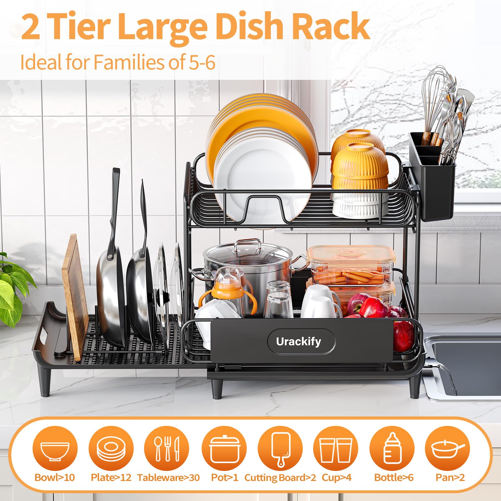 Urackify Dish Drying Rack, Expandable Dish Rack for Kitchen Counter, Large Collapsible Countertop Dish Drainer with Pan & Pot Holder, Stainless Steel Dish Strainer with Cup & Utensil Holder
