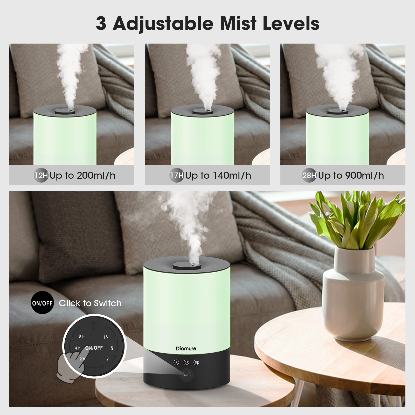 Humidifiers for Bedroom Large Room, Ultrasonic Cool Mist Humidifier Top Fill, 28dB Quiet Baby Air Humidifier with Night Light 7 Color, 28H Diffuser for Plants, Timer, Auto Shut-Off, 2.5L, Black