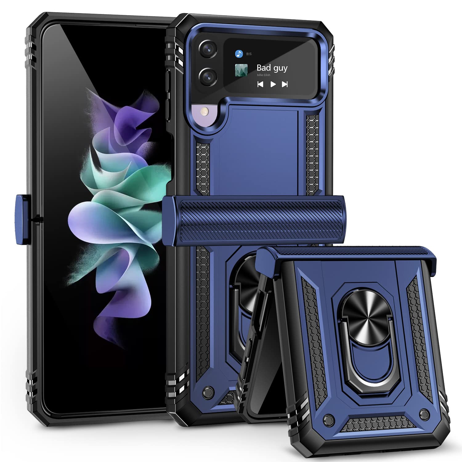 Armor Protective Case for Samsung Galaxy Z Flip 4 / Z Flip 3 5G, Military Grade Shockproof Samsung Galaxy Z Flip 4 & Z Flip 3 Case with Hinge Protection with Finger Ring Stable Kickstand, Blue