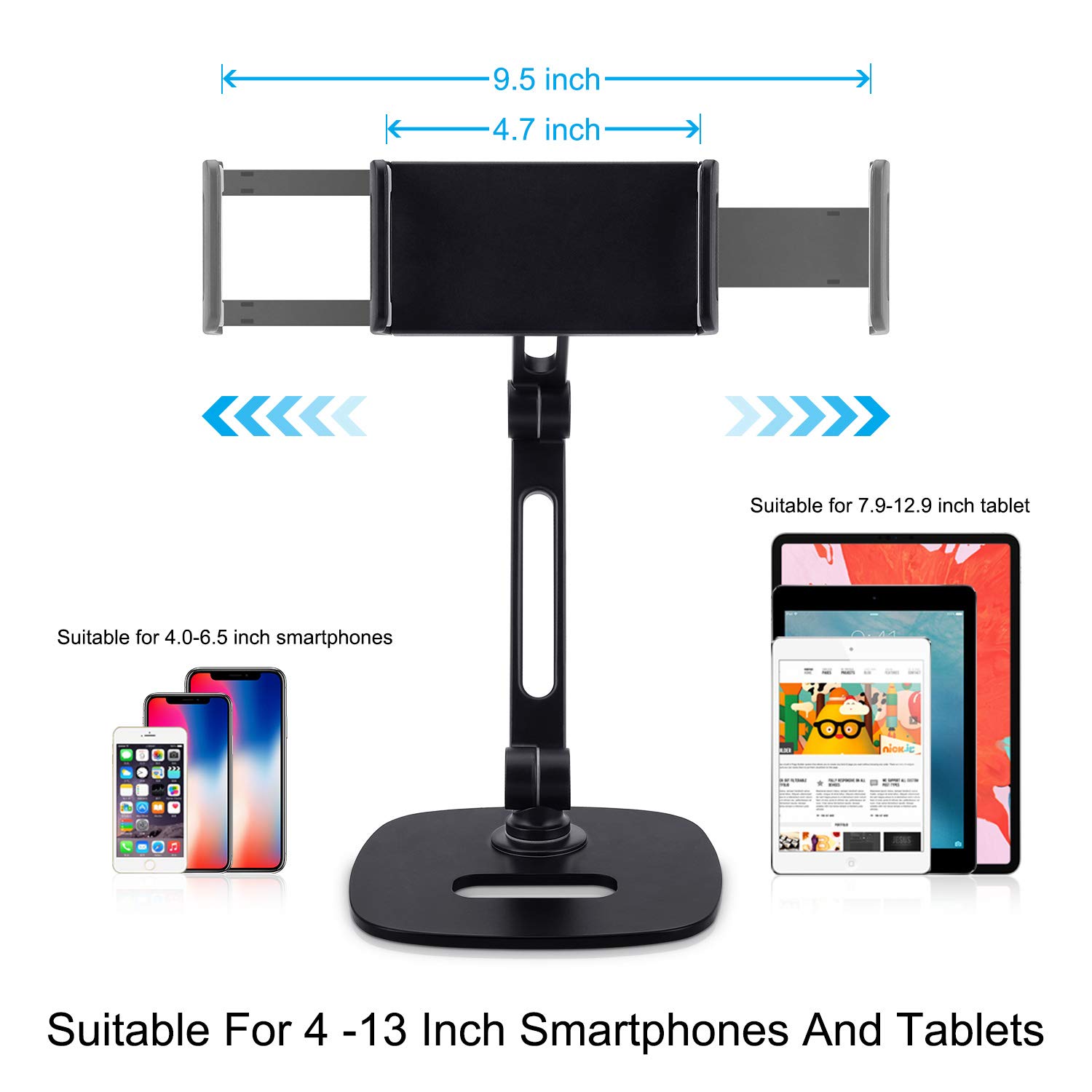 B-Land Adjustable Tablet Stand, Desktop Tablet Holder Stand Foldable Phone Stand with 360° Swivel Phone Clamp Mount Holder, Compatible with 4-13" Tablets/Phones,Nintendo Switch, Kindle (Solid Black)