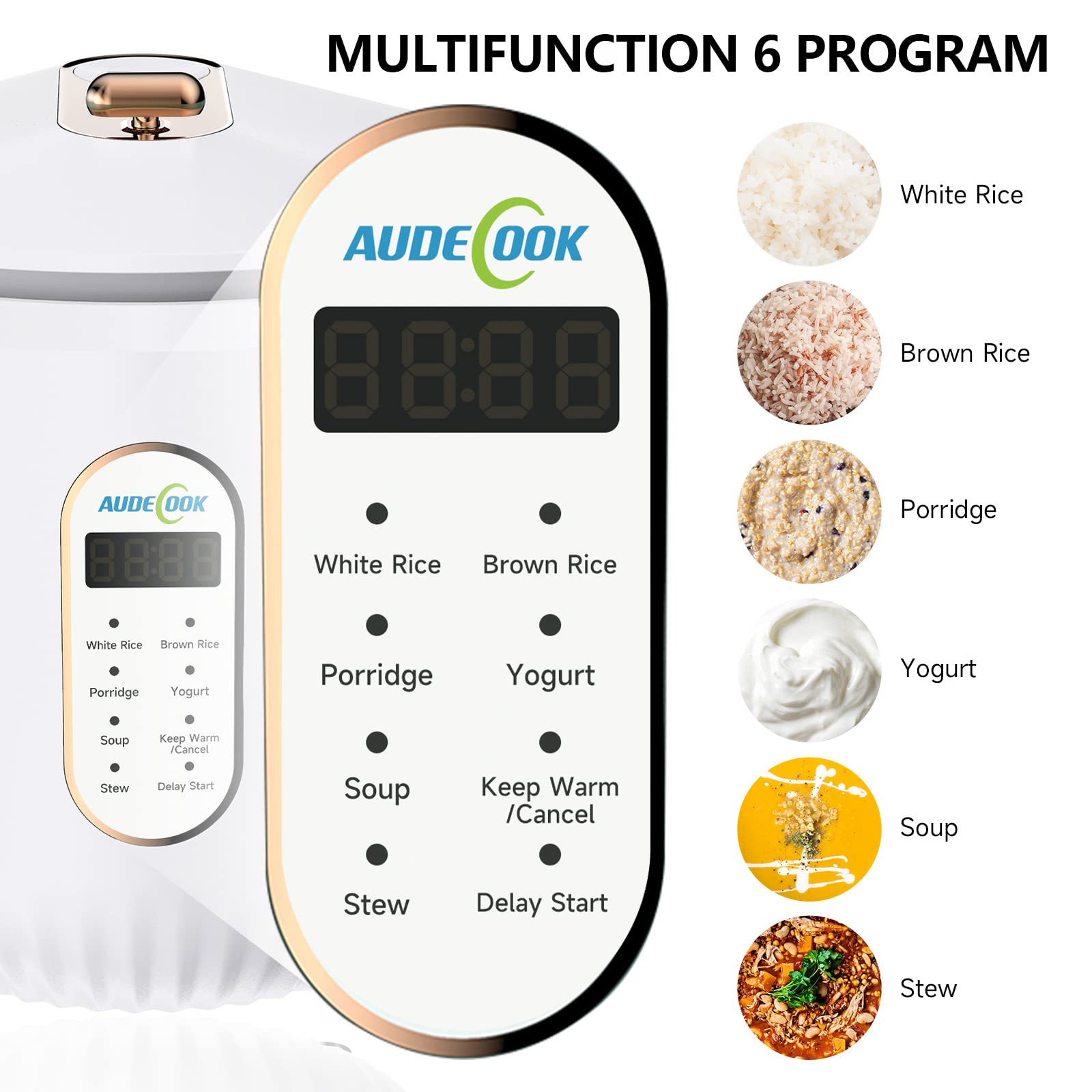 Audecook Mini Rice Cooker, 4 Cups (Uncooked) 2L Portable Small Rice Cooker with Removable Non-Stick Inner Pot, 6 in 1 Smart Control Multifunctional Cooker, Delay Timer & Keep Warm Function (White)