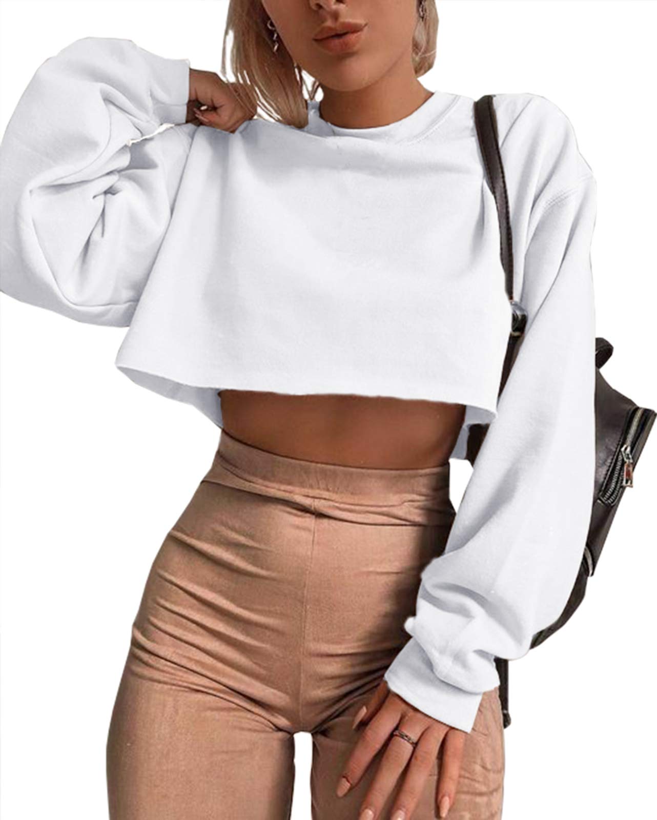 Artfish Women's Crewneck Long Sleeve Workout Casual Cropped Teen Loose Sweatshirts White M