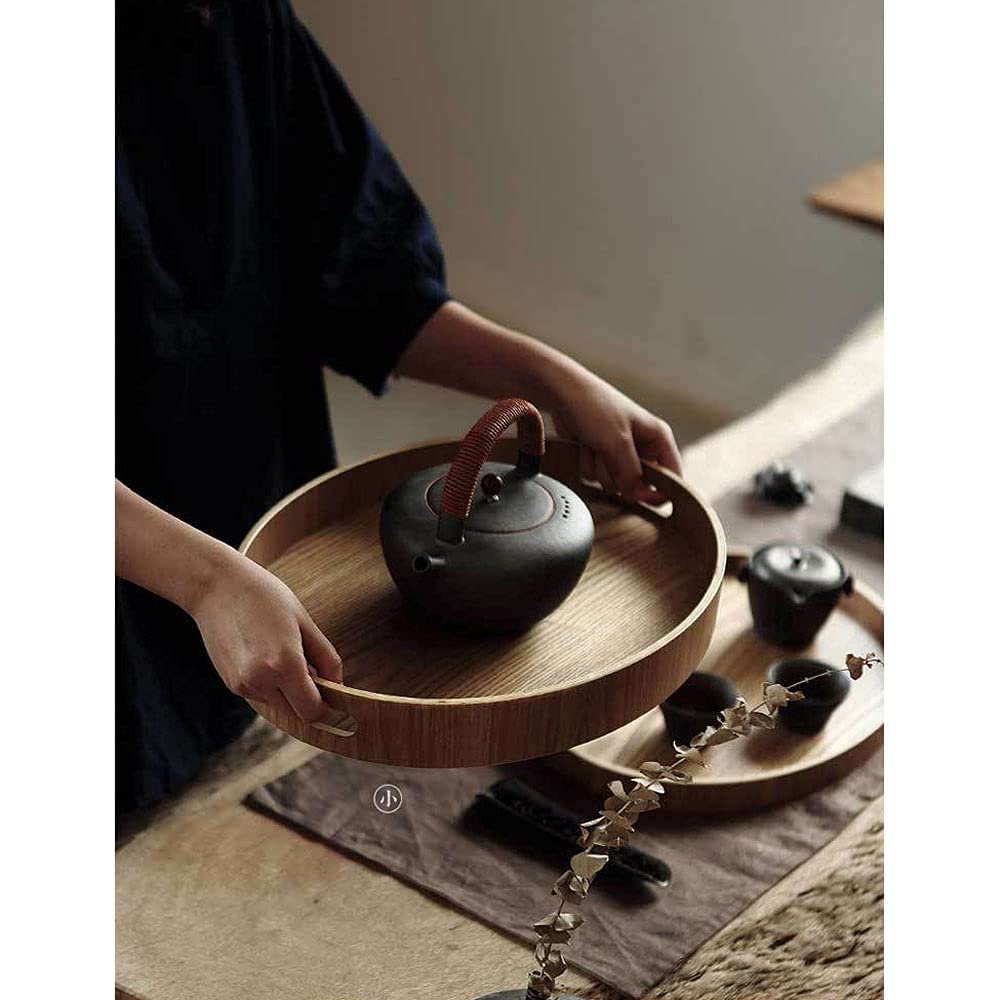 Beilay LC-2904 25x25x5cm Bamboo Wood Natural Serving Tray, Raised Edge, Food Tray,Cut-Out Handles Round