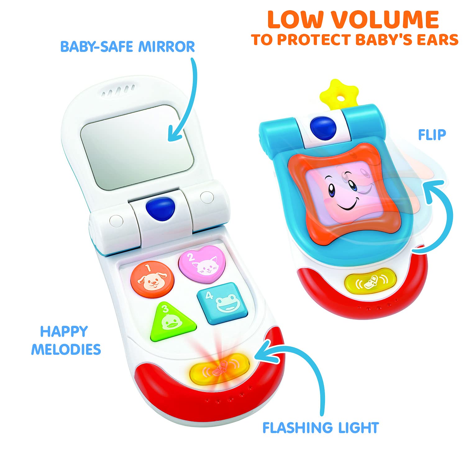 Baby Toy Flip Phone β 4 Interactive Sound and Music Buttons Plus Realistic Ringtone β Includes a Mirror and Fun Light Effects β Smartphone Toy for Babies 3+ Months β ASTM Certified