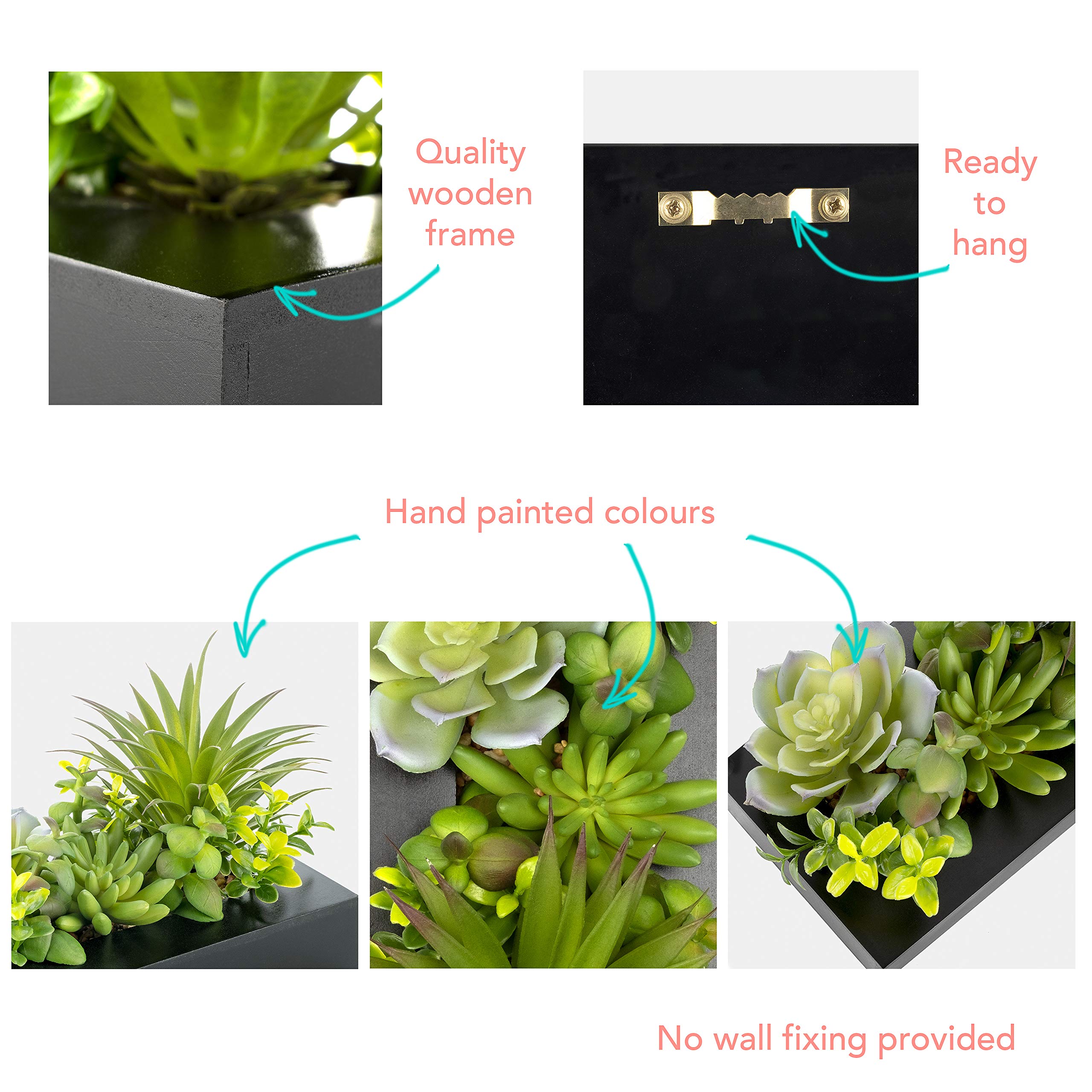 ARTHEMES Green Artificial Succulent Plants in Rectangular Wooden Frame, Faux Succulents Arrangement for Desk Decor | Fake Plants for Bedroom Aesthetic