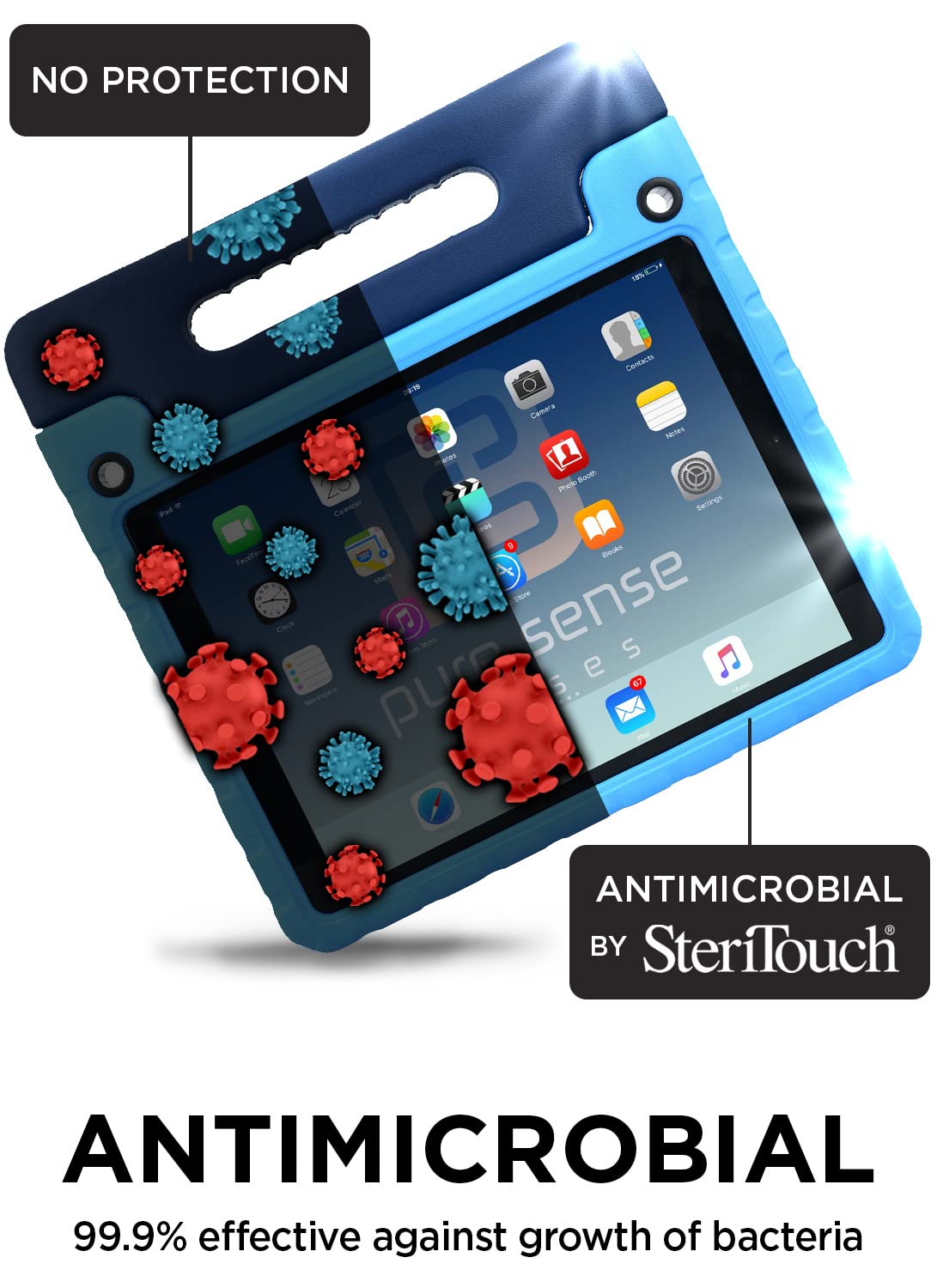 Pure Sense Buddy Antimicrobial Kids Case for iPad Pro 12.9-1st 2nd Gen 2015 2017 | Full Kit: Rugged Case Stand, Handle, Screen Protector, Strap and Spray