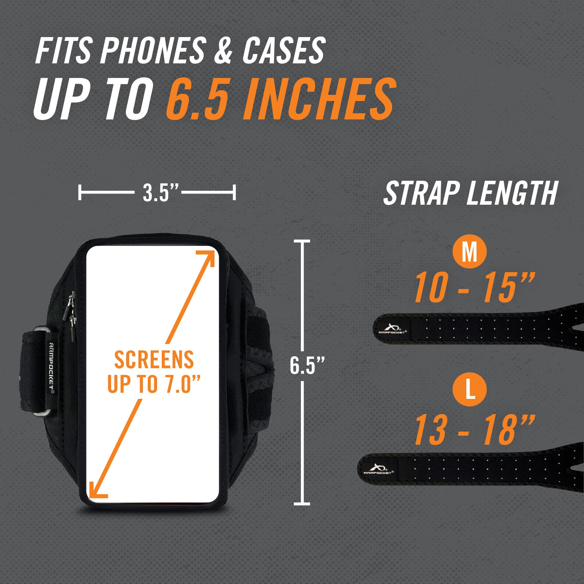 Armpocket X Plus Arm Band, Cell Phone Holder for Walking, Running Arm Bands for Cell Phone w/Case, for iPhone 14 Series, Galaxy S21 Ultra, Pixel 7 Pro, & Devices Up to 6.5 Inches, Black Medium Strap