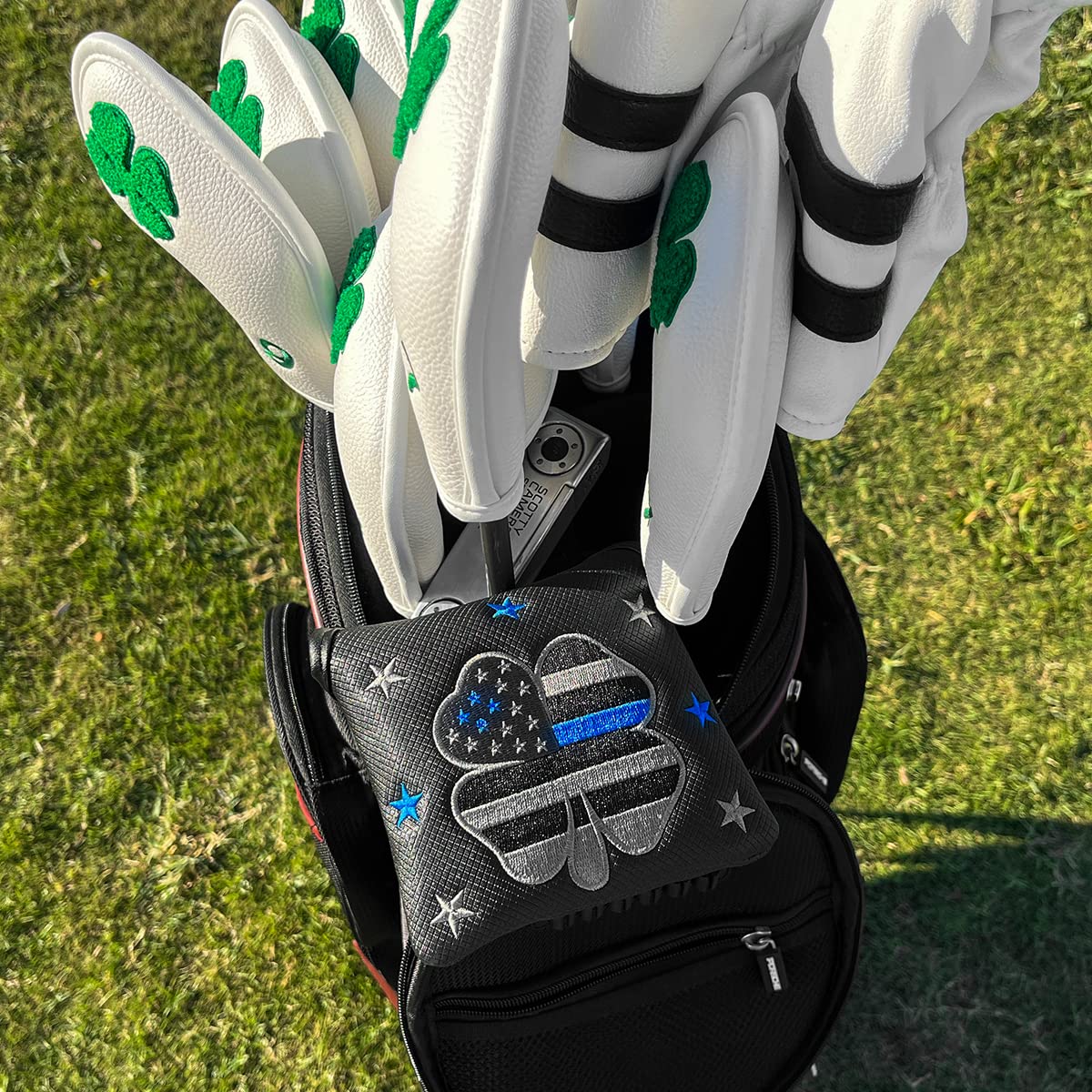 Barudan Golf Square Mallet Putter Cover Headcover Magnetic - Premium Leather Golf Putter Head Cover with Clover USA Embroidery