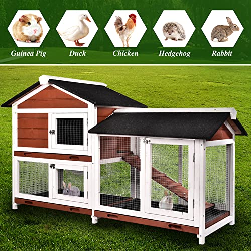 B BAIJIAWEI Rabbit Hutch Indoor Outdoor 62" Bunny Cage - 2-Tier Waterproof Wooden Rabbit Cage - Guinea Pig House with Ramp, Door, Pull Out Tray