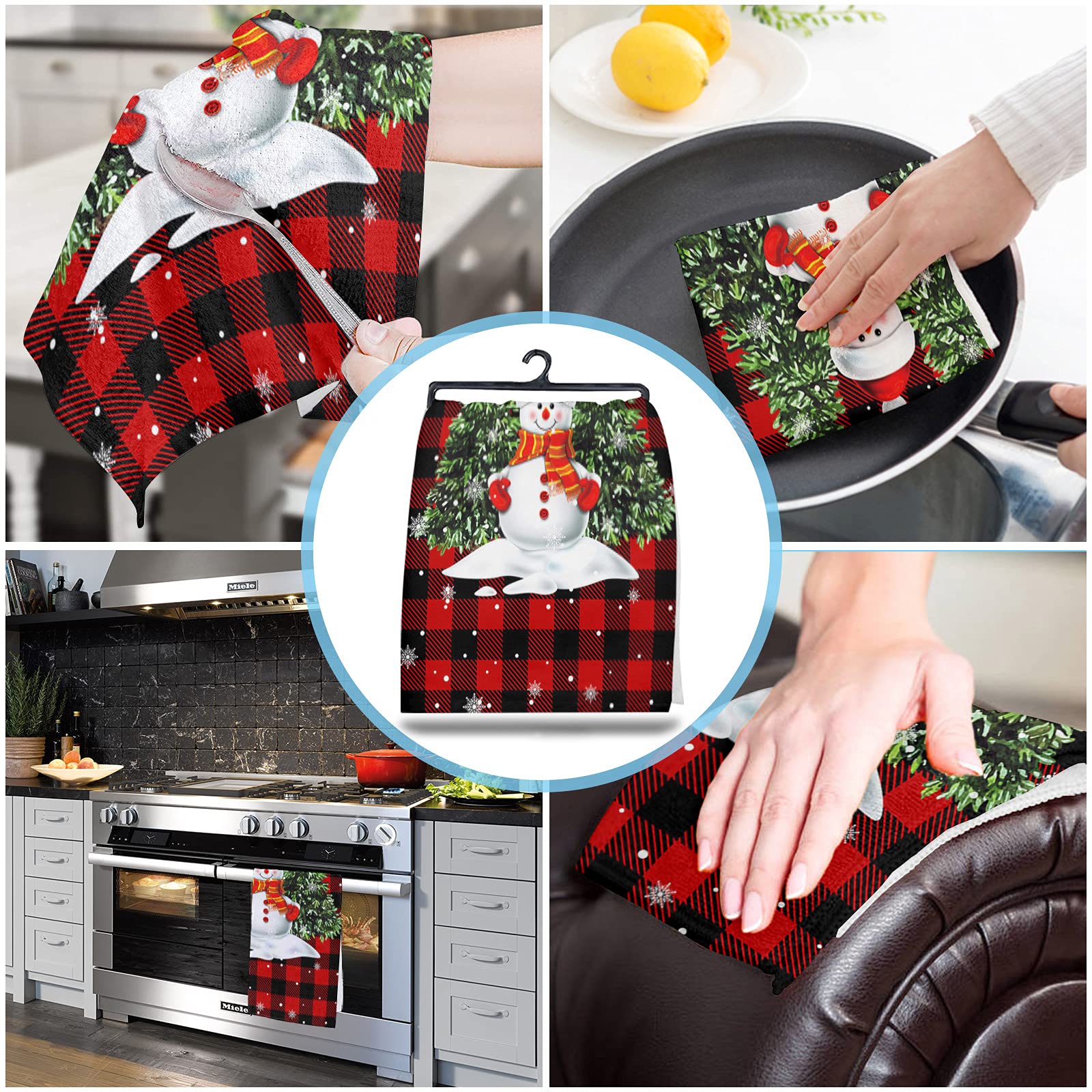 Beisseid Christmas Kitchen Dish Towels Snowman with Xmas Tree Dish Cloth Fingertip Bath Towels Cloth Red Buffalo Plaid Check Hand Drying Soft Cotton Tea Towel Set 18x28in 2PCS