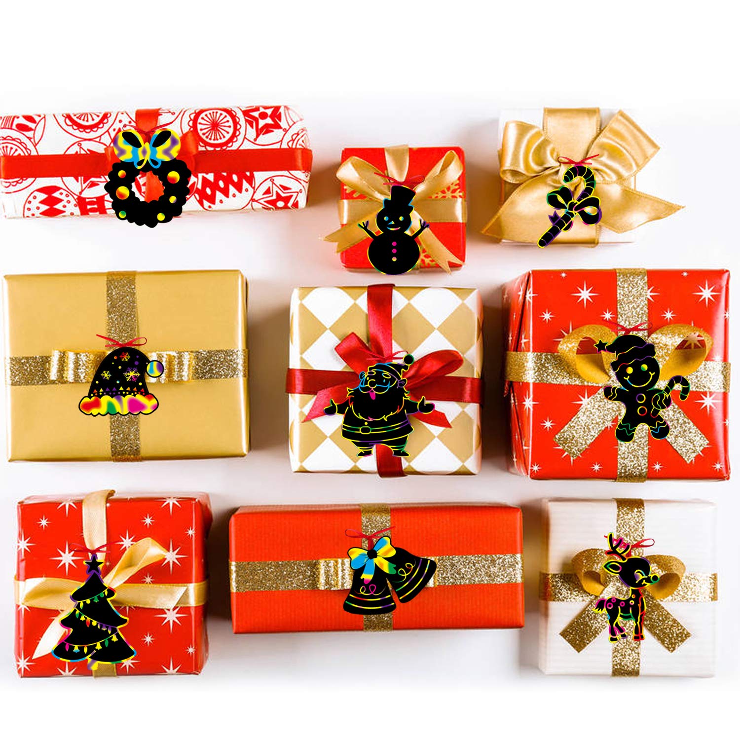 FINGOOO Scratch Art for Kids,48 Christmas Rainbow Scratch Paper Art Set with 12 Wooden Stylus Xmas Craft Decor