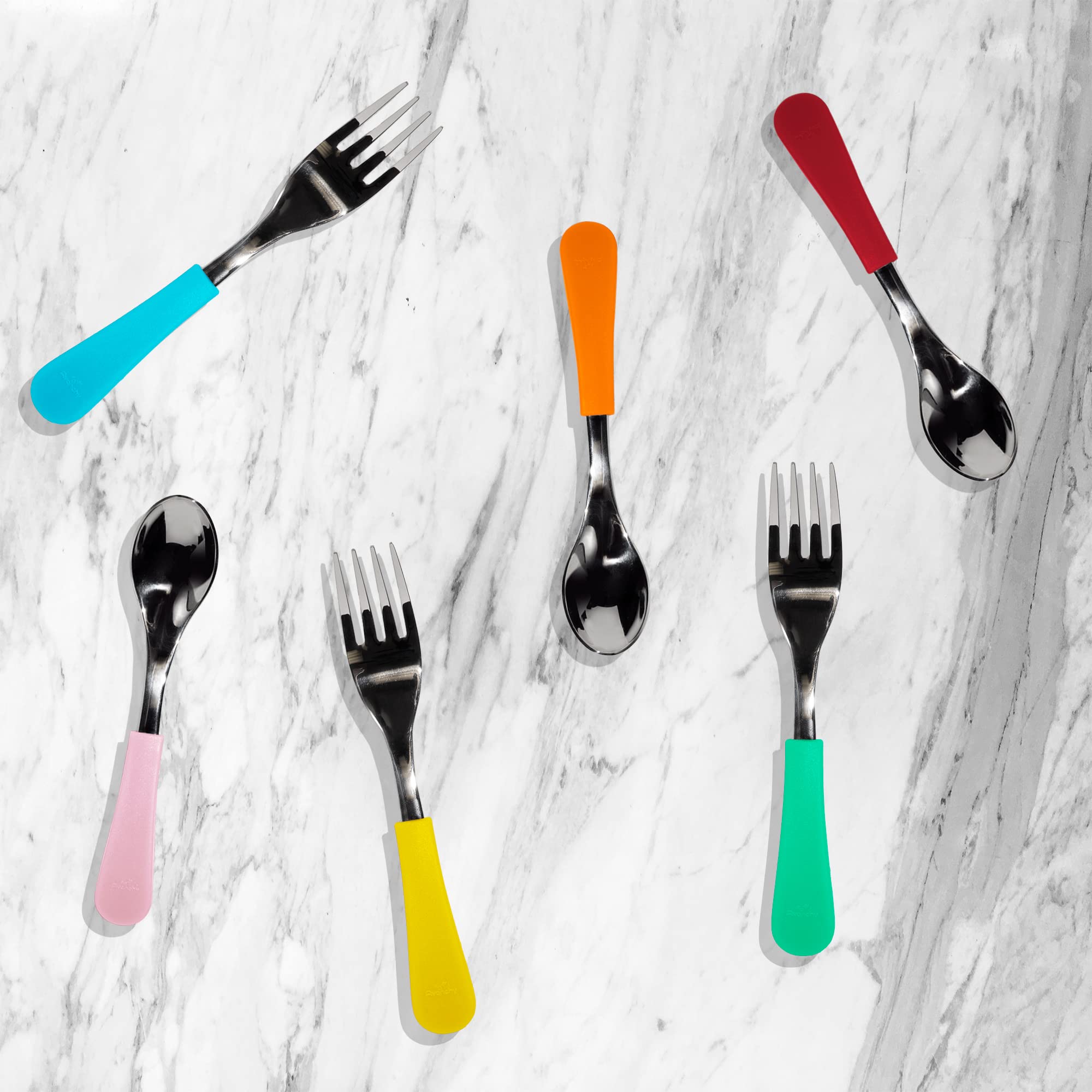 Avanchy Baby Spoons and Forks Stainless Steel and Silicone Set, Self Feeding Food Utensils, 4 Months Baby Led Weaning, 2 Pack, Green Spoon, Fork