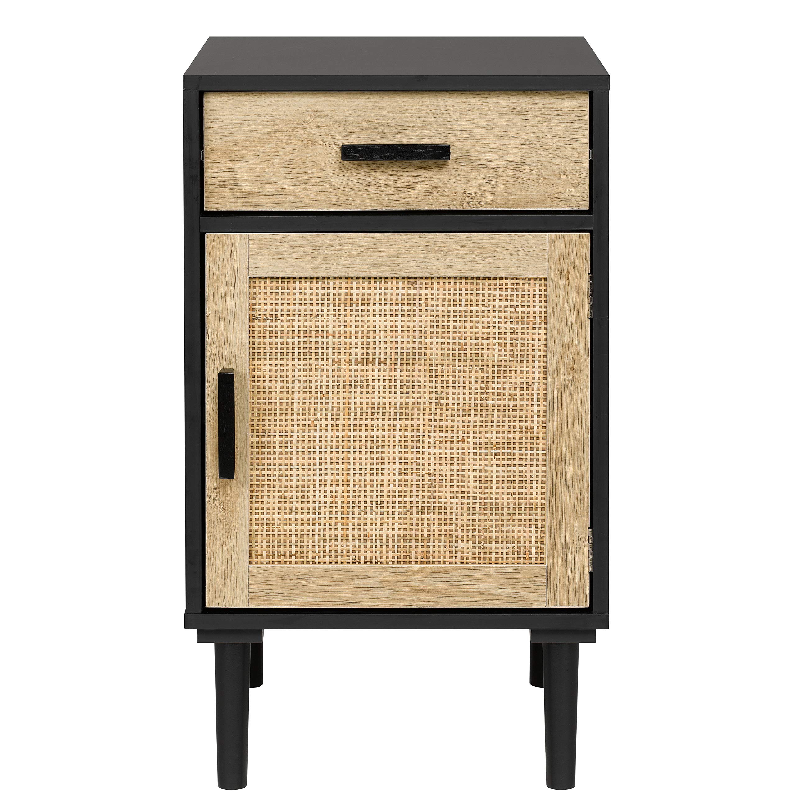 Finnhomy Tall Nightstands Set of 2, Night Stand, Bedside Table Set of 2 with Drawer and Shelf, Hand Made Rattan Decorated Doors, Nightstands with Storage for Bedroom, Black, 2 Pack