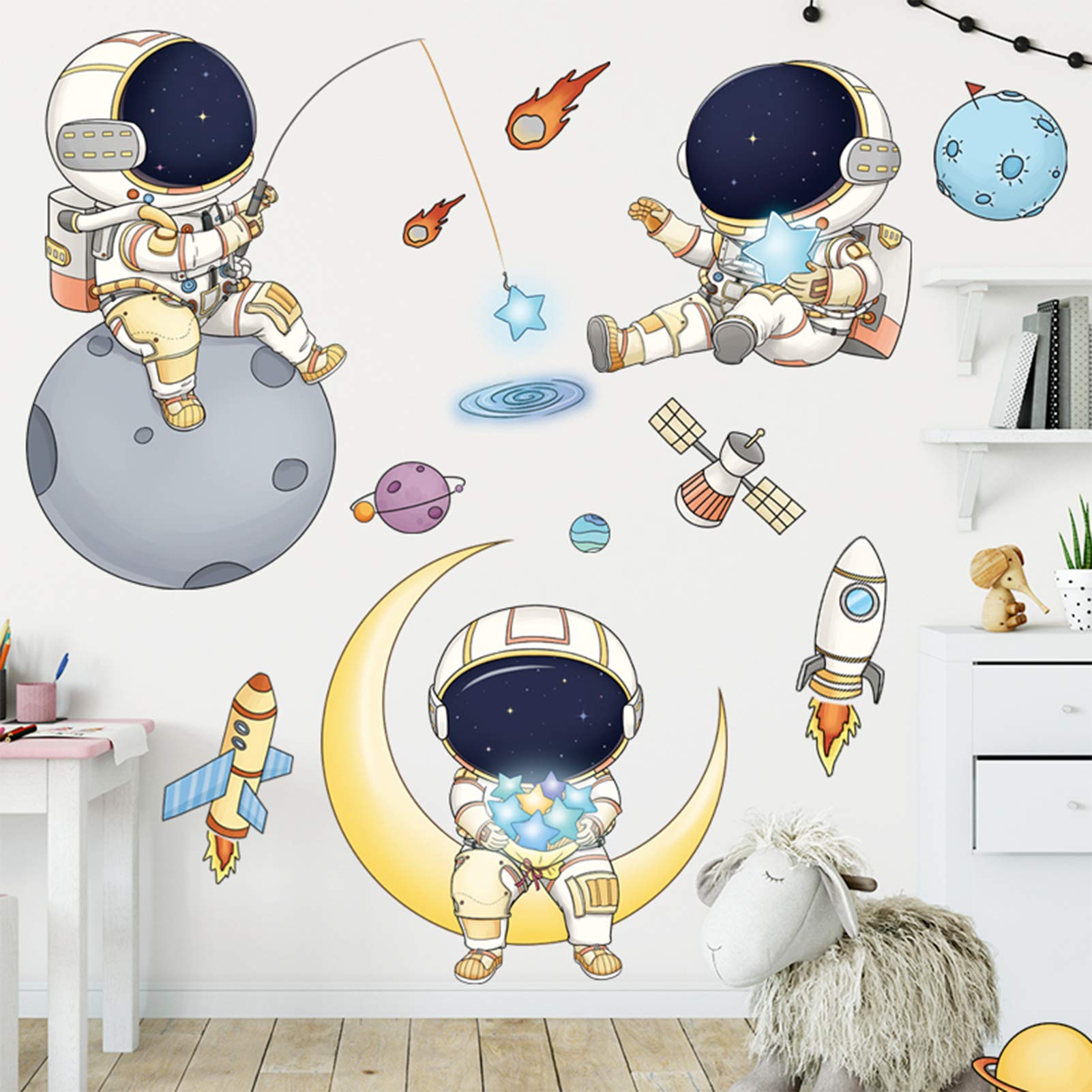 Astronaut Wall Stickers for Boys Bedroom, DILIBRA Cartoon Spaceman Outer Planet Creative DIY Art Vinyl Removable Wall Decal, Star Spaceship UFO Glaxy Wallpaper Decor for Kid’s Room Nursery