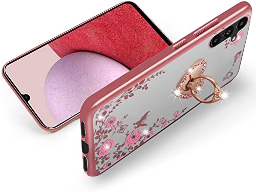 B-wishy for Samsung Galaxy A14 5G/A14 4G Glitter Crystal Butterfly Heart Floral Slim TPU Luxury Bling Cute Protective Cover with Kickstand+Strap for Samsung Galaxy A14 4G/5G(Rose Gold)