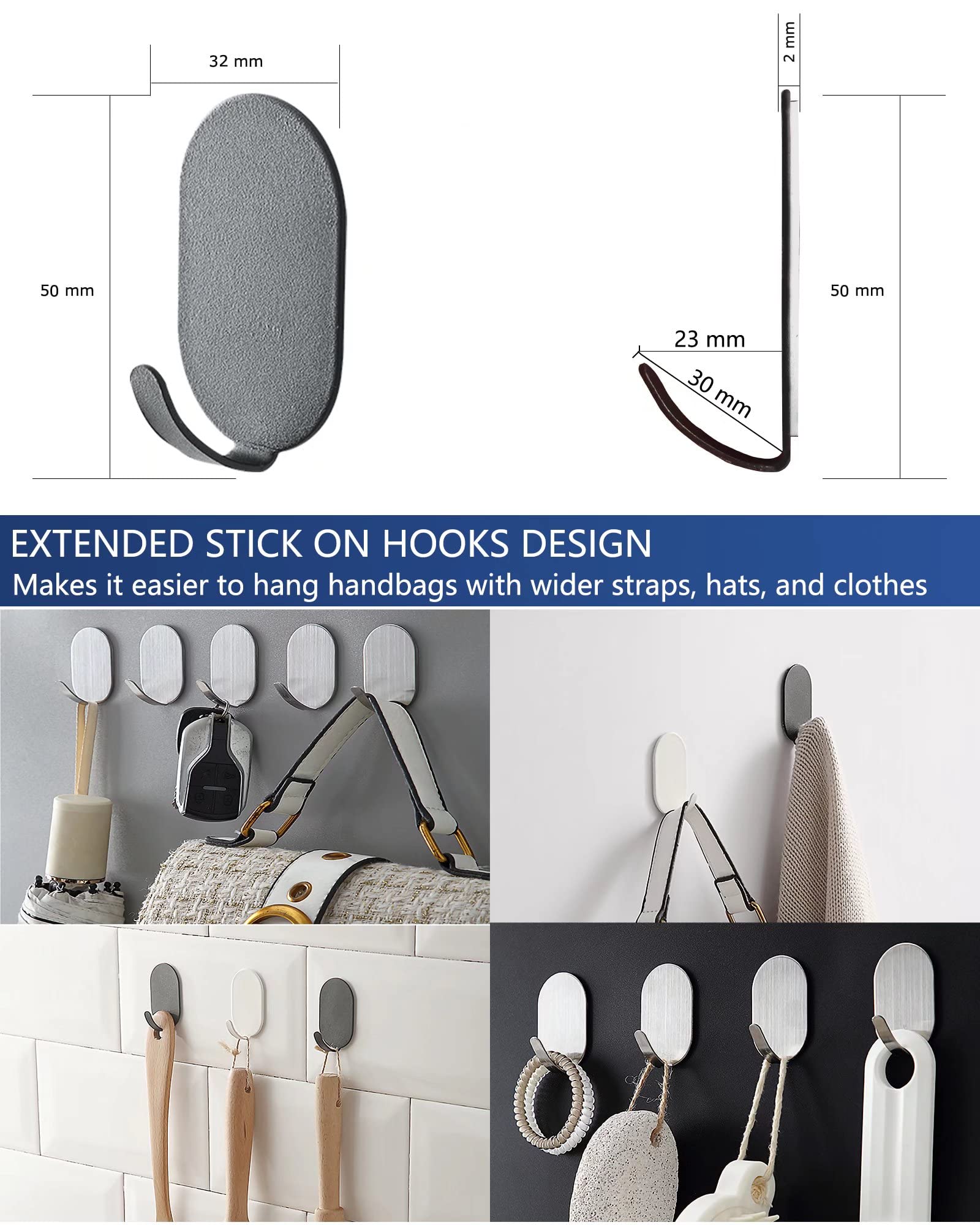 KAXIMON Self Adhesive Hooks White, 10 Pack Sticky Hooks Extra Strong for Kitchen, Bathroom, Sink - Waterproof Carbon Steel Stick Hanger on Towel Hooks