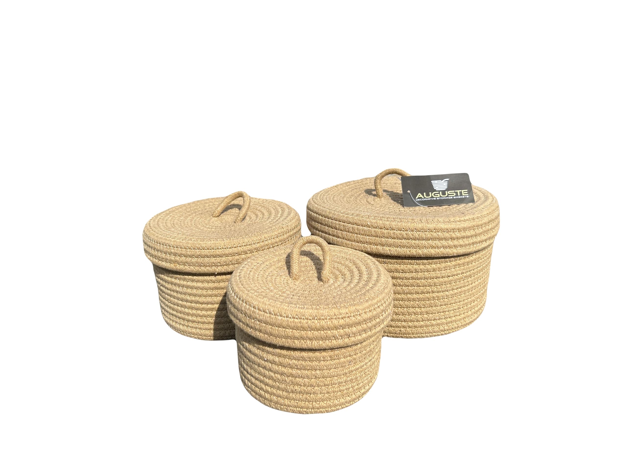 Auguste Round Basket with Lid - Set of 3 Storage Baskets with Lid - Decorative Storage Basket With Lid, Woven Basket with Lid, Cute Cotton Rope Basket, Multi-Purpose Cotton Rope Storage Basket