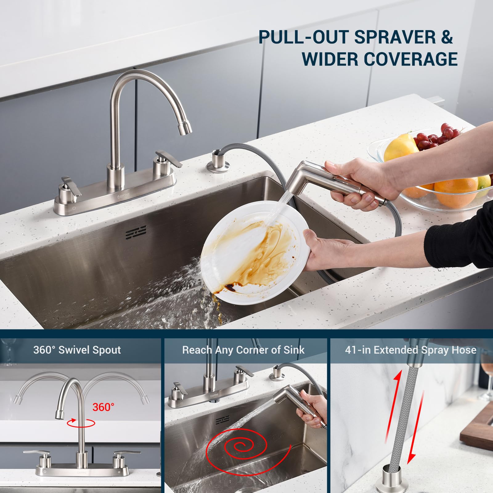 DAYONE Kitchen Faucet with Side Sprayer 2 Handle Brushed Nickel, 8 Inches 4 Holes Centerset Kitchen Sink Faucet, Pull Out Stainless Steel Sink Faucets for RV Laundry Bar with Supply Lines, DAY-CR2001