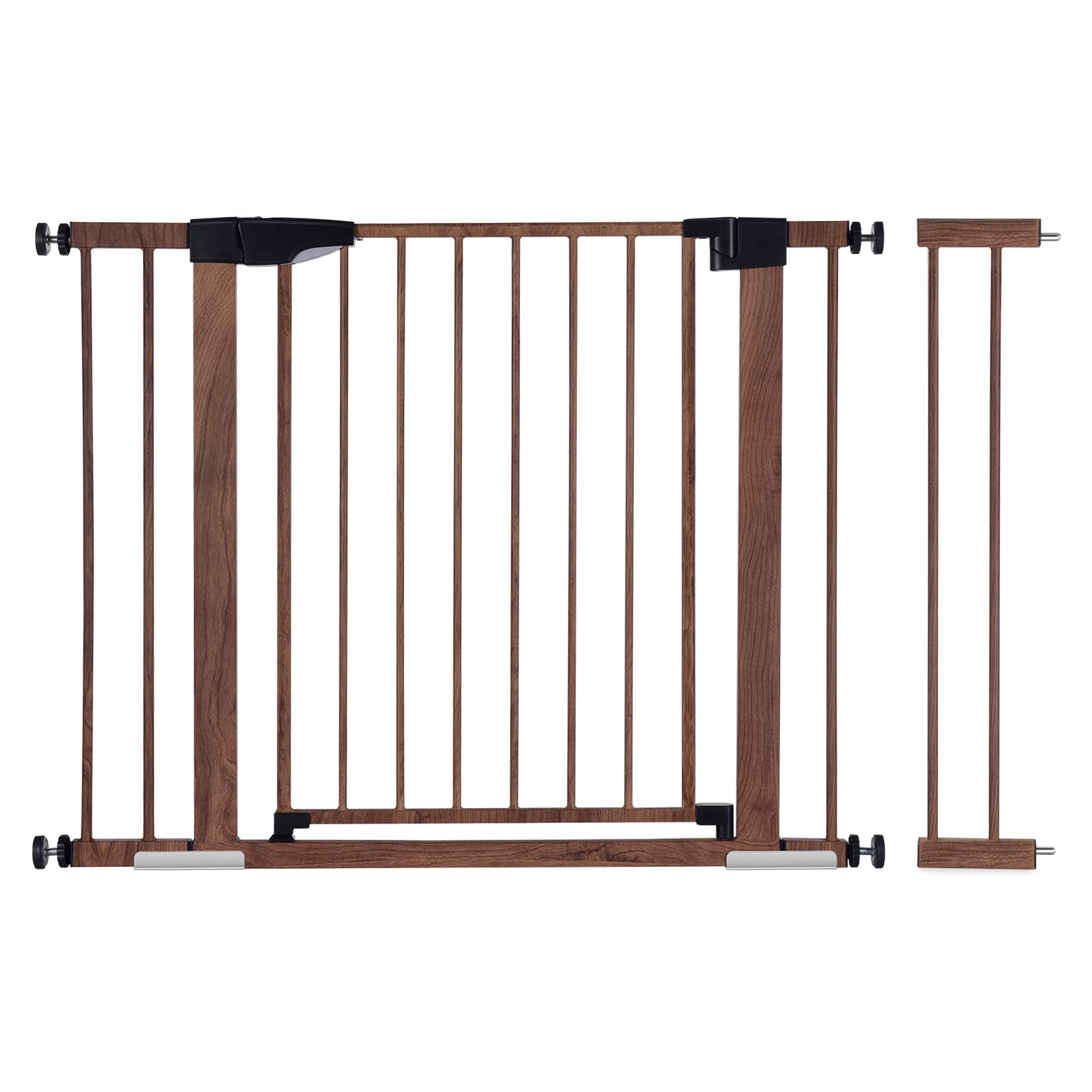 BABELIO 29-46 Inch Pressure Mounted Metal Baby Gate with Vintage Dark Brown Wood Pattern, Easy Install, No Drilling, No Tools Required, with Wall Protectors and Extenders