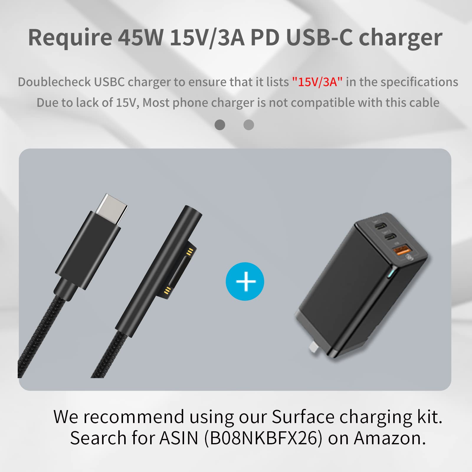 Sisyphy Metal Braided Surface Connect to USB-C Charging Cable (Bright Black 5ft), Compatible for Microsoft Surface Pro7 Go2 Pro6 5/4/3 Laptop3/2/1, Works with 45W 15V3A USBC Charger Power Supply