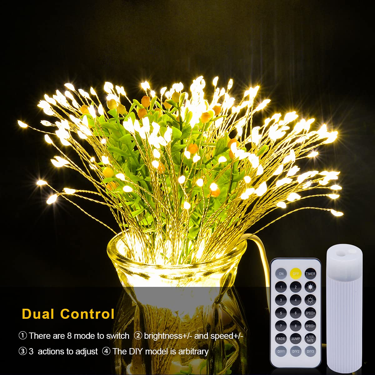 Firework Lights, 4 Pack 120 LED Copper Wire Starburst String Lights with 8 Modes Remote Waterproof Hanging Fairy Decorative Lights for Wedding Party Christmas Garden Patio Home Decoration(Warm White)