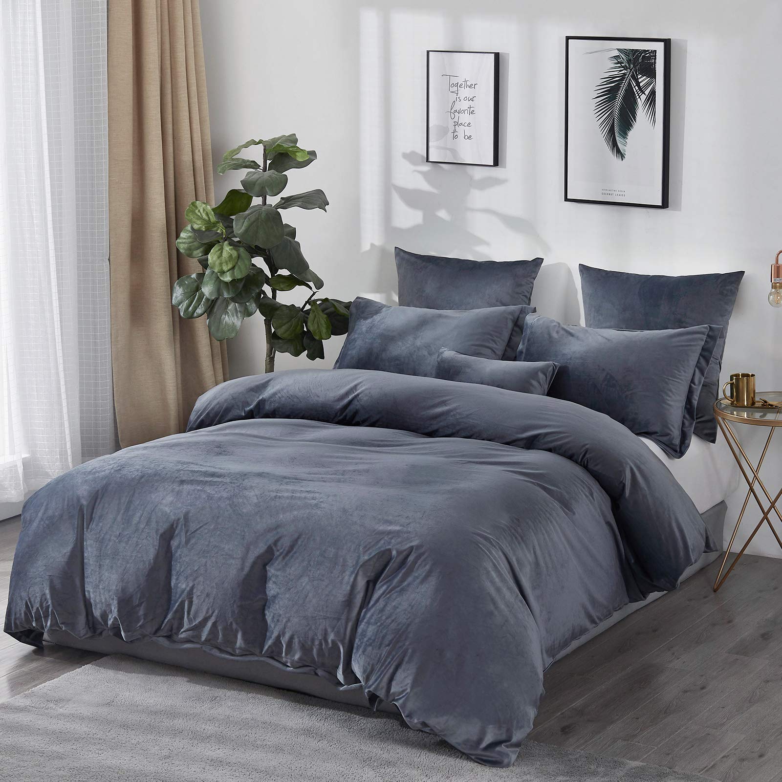 David's Home Velvet Duvet Cover Set King, Soft and Luxurious Flannel Comforter Cover 3PCS with Corner Ties, Button Closure, 106β x 92β, Greyish Blue, No Insert