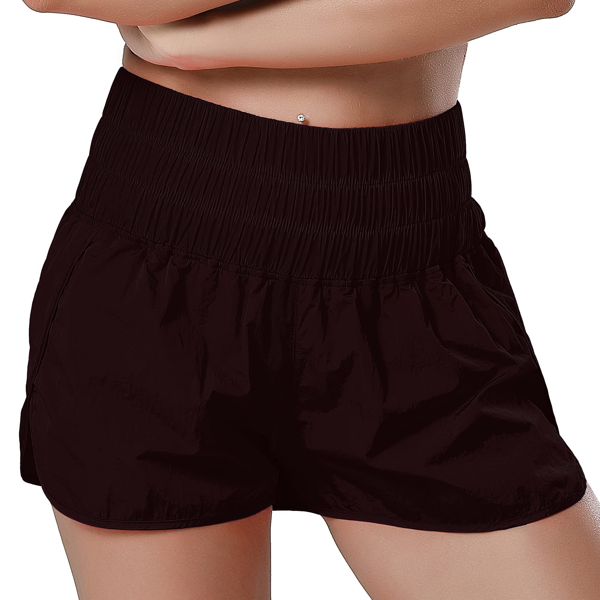 Aurefin High Waisted Athletic Shorts for Women,Womens Running Shorts with Mesh Liner Quick Dry Casual Workout Active Shorts Brown/L