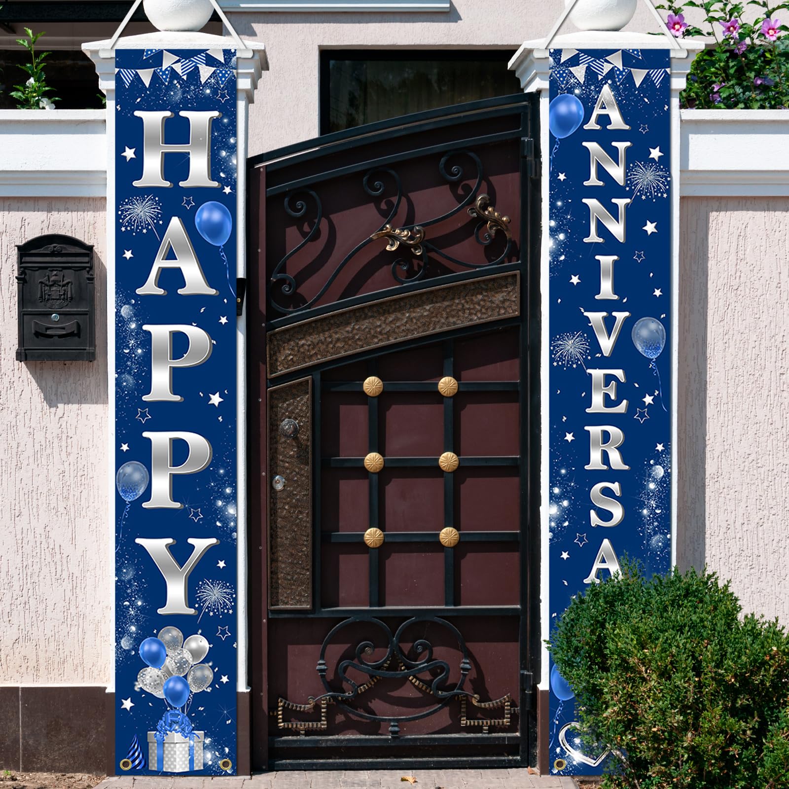 Avezano Happy Anniversary Door Banner Navy Blue Silver Anniversary Porch Signs Welcome Hanging Banner for Wedding Anniversary Party Decorations