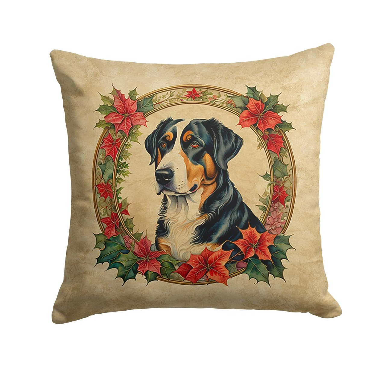 Caroline's Treasures DAC2373PW1414 Greater Swiss Mountain Dog Christmas Flowers Throw Pillow Machine Washable, Indoor Outdoor Decorative Pillow for Couch, Bed or Patio, 14Hx14W