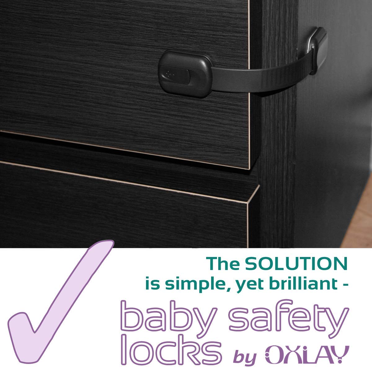Baby Proofing Safety Cabinet Locks - Child Proof Latches for Dresser Drawer Cupboard Doors Closet Oven Refrigerator Fridge - Adjustable Childproof Straps by Oxlay - Black - 6 Pcs
