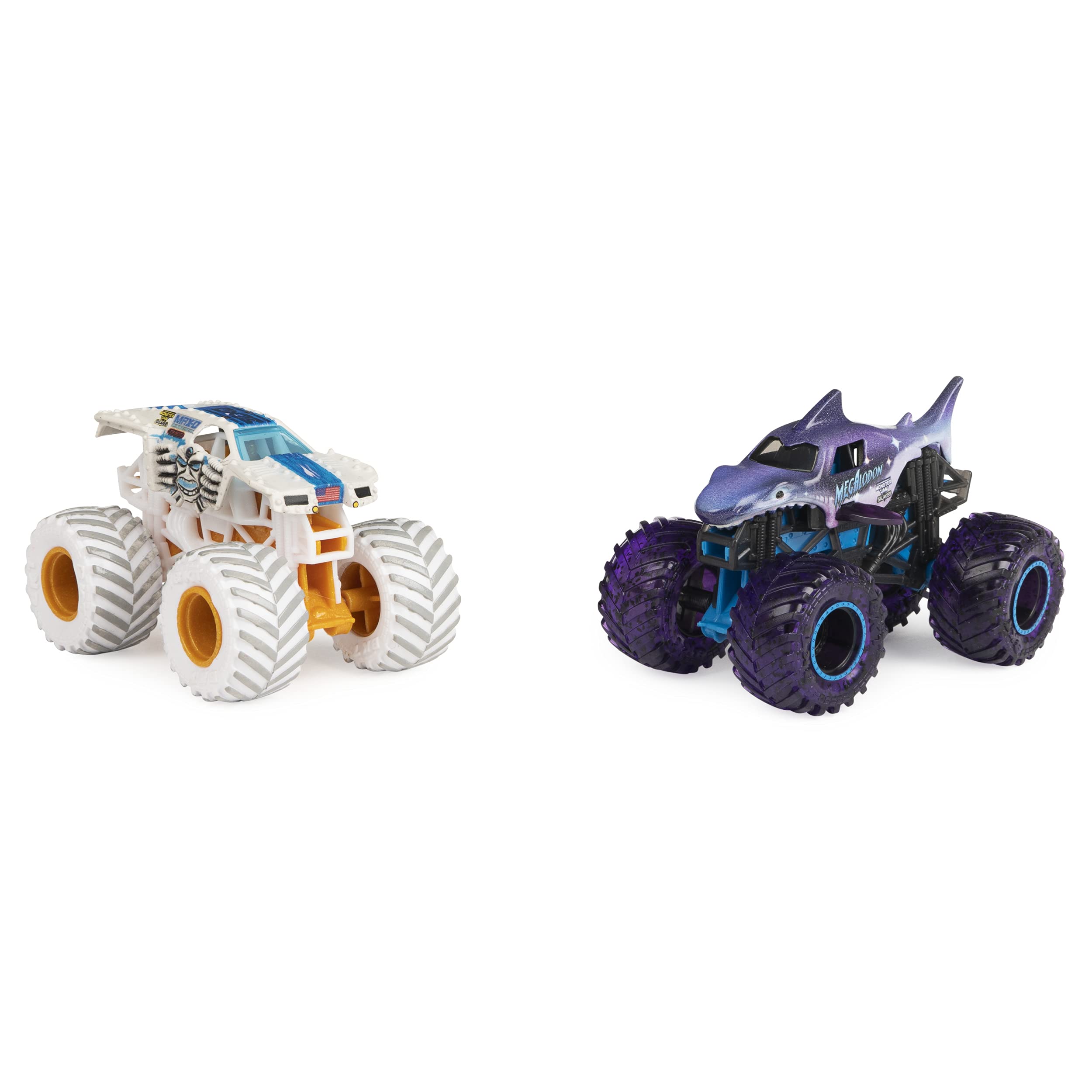 DieCast MonsterJam 2 Pack Max D vs Megalodon, Gears and Galaxies