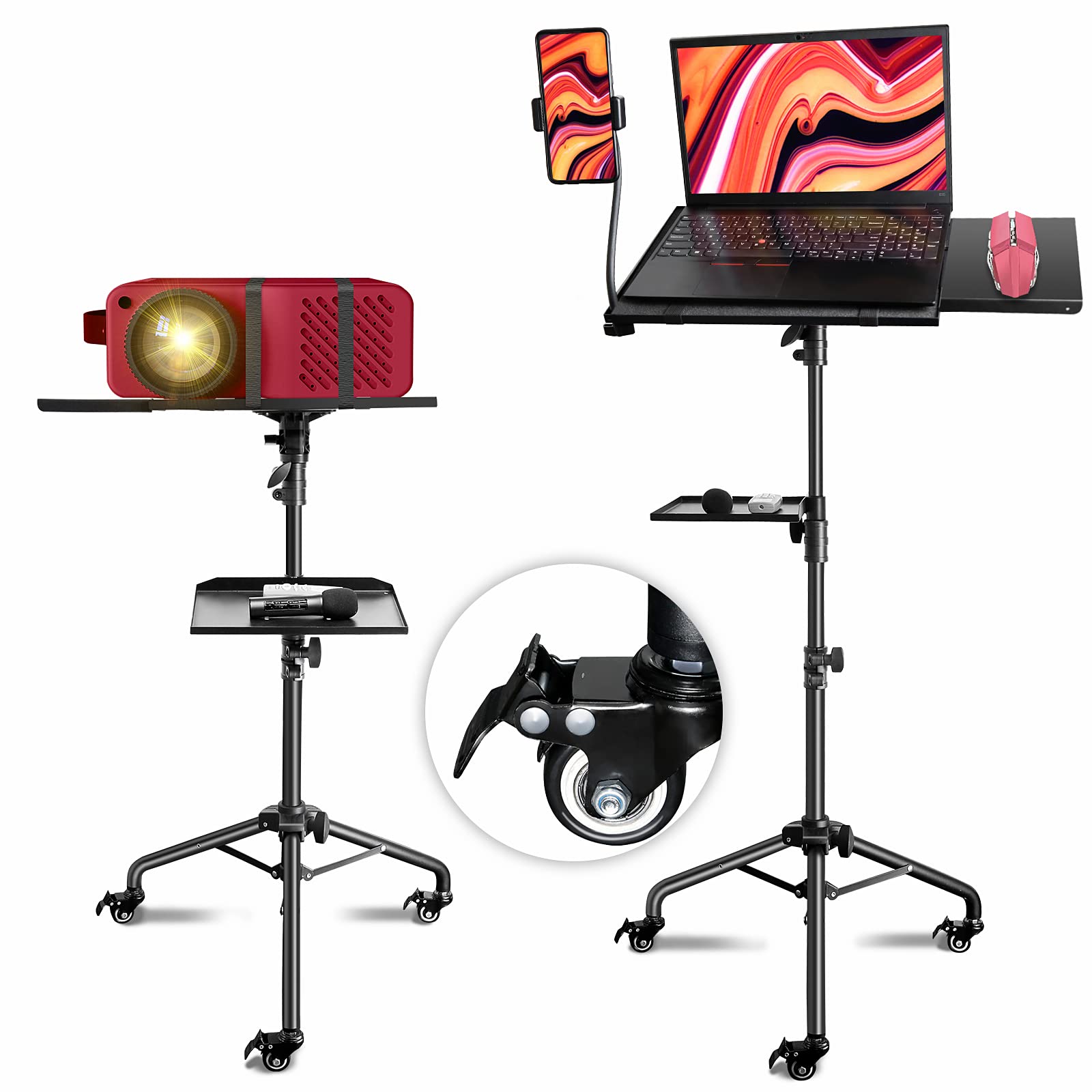ALINBIN Projector Stand, Tripod for Projector Laptop Tripod Stand, Height Adjustable Tripod Stand from 29.5IN to 63IN. Heavy Duty Stand with Wheels and Mobile Phone Holder