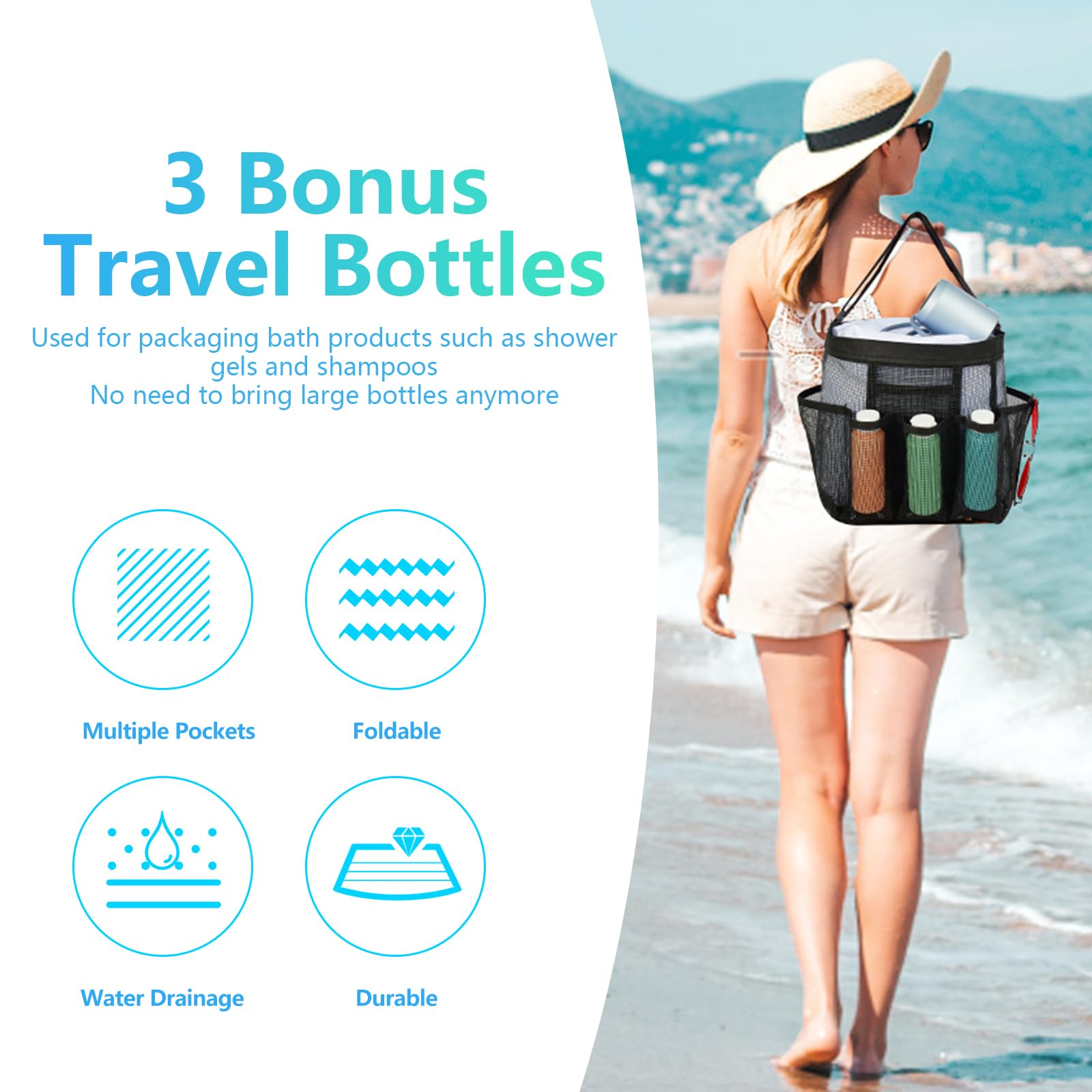 Black Mesh Shower Caddy Portable for College Dorm with 3 Bonus Travel Bottles - Large Capacity Mesh Beach Tote Bag with Adjustable Reinforced Strap - Quick Dry and Sandproof Shower Bag for Beach, Pool