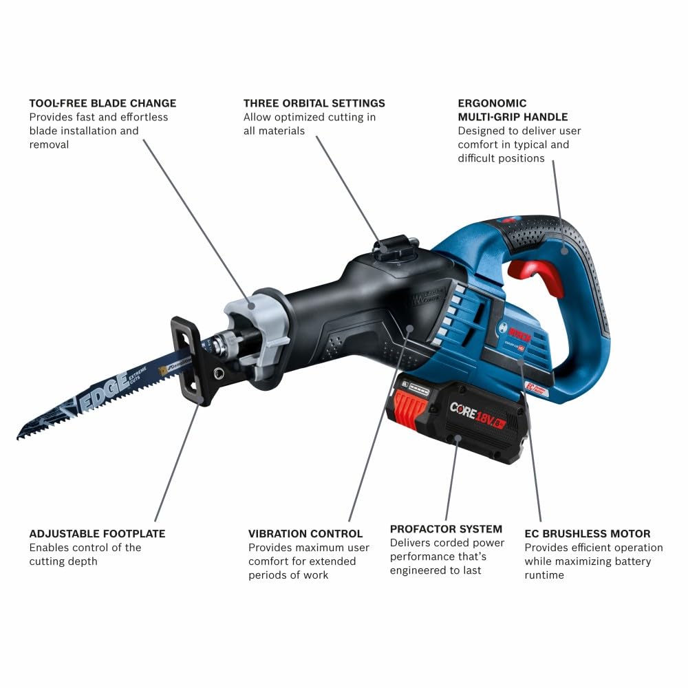 BOSCH GSA18V-125K14A 18V EC Brushless 1-1/4 In.-Stroke Multi-Grip Reciprocating Saw Kit with (1) CORE18V® 8 Ah High Power Battery