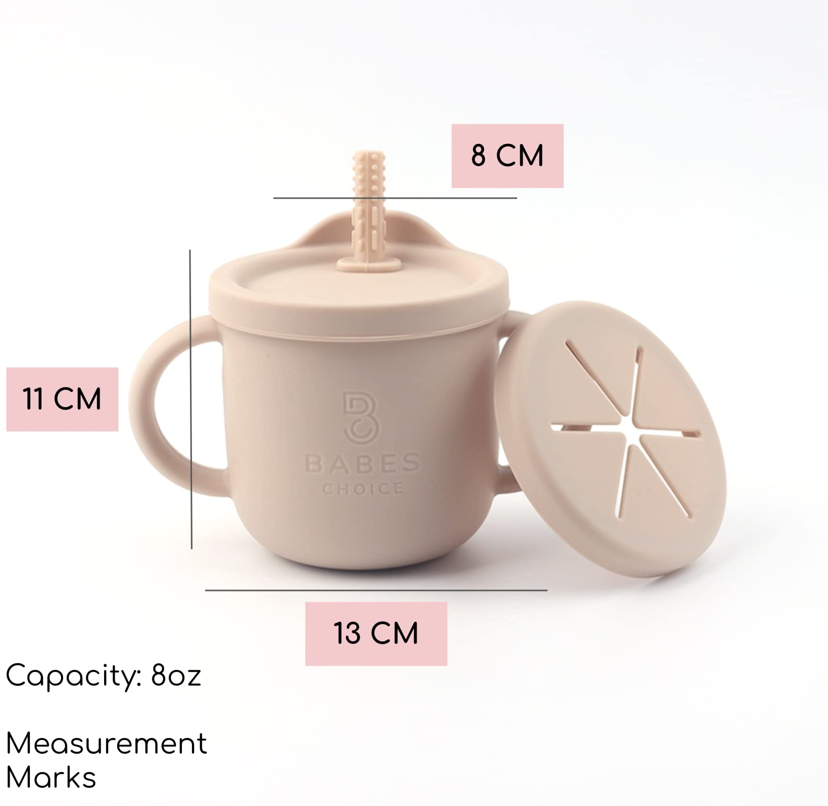 Babes Choice Straw Cup for Toddler Baby Silicone Teether Straw Sippy Cup Snack Cup No Spill with 2 Handles BPA Free 8 Oz (Nude & Pink)