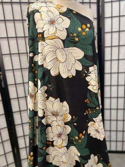 Camellia Flower Print Linen Rayon - Green/Gold/White - Fabric by The Yard