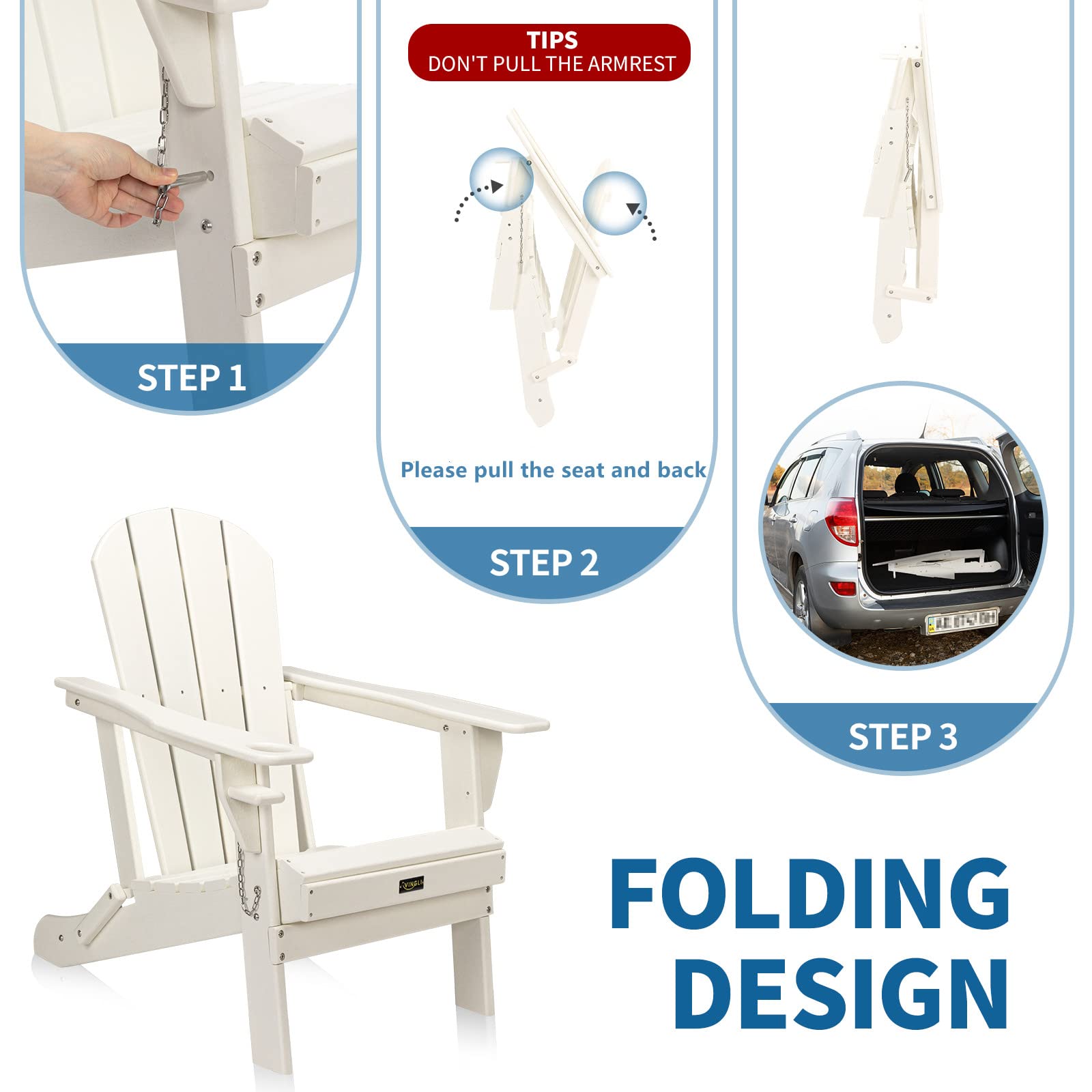 VINGLI Plastic Adirondack Chairs Set of 4, Folding with Cup Holder, Waterproof HDPE Material, Comfortable 380lb Weight Capacity for Outdoor Pool Patio Lounge Chair Lawn Furniture Firepit (White)