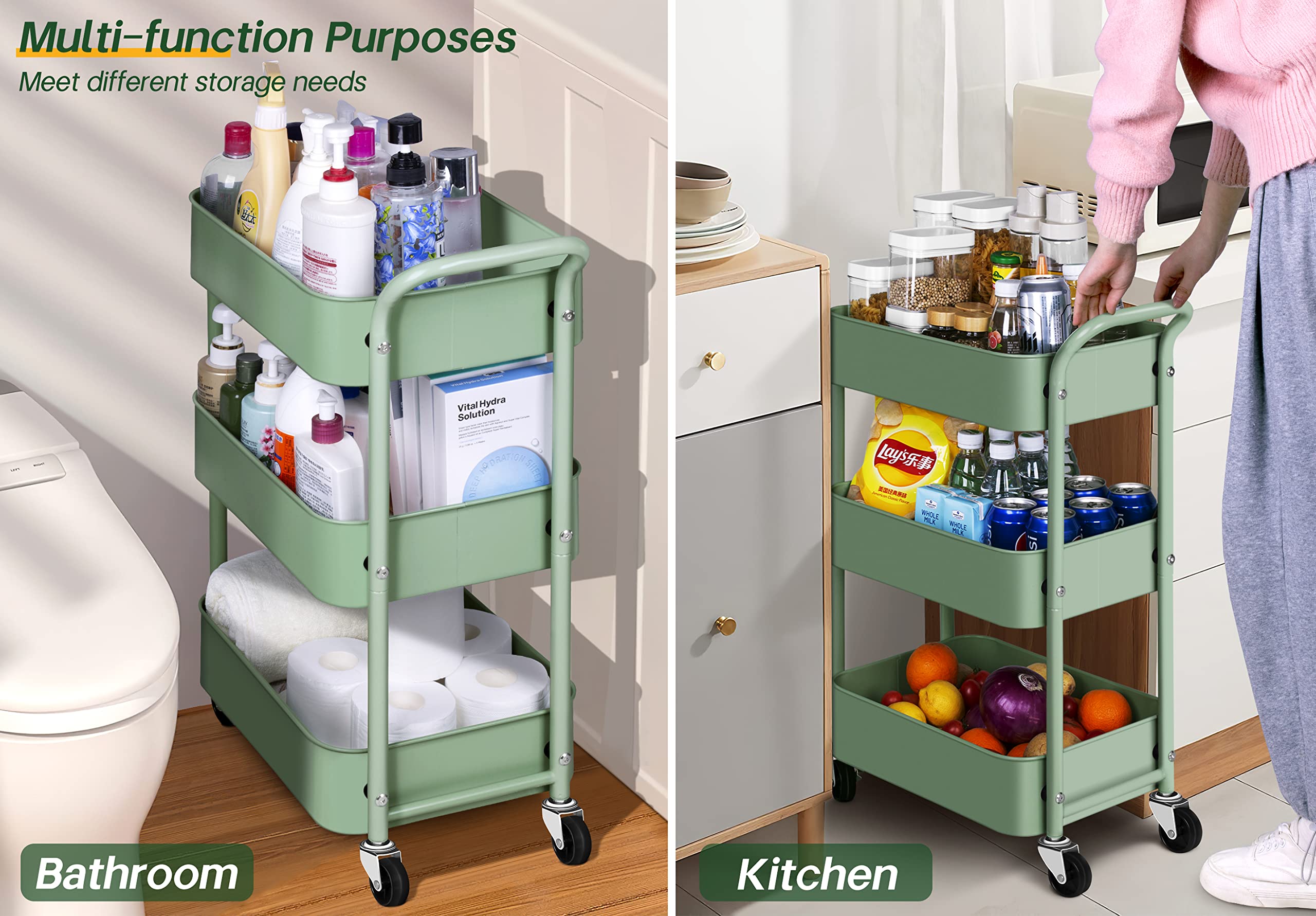 AOODA 3 Tier Under Desk Rolling Cart with Handle and Lockable Wheels, 27'' Height Small Metal Book Cart Mobile Art Cart Rolling Storage Organizer for Office, Kitchen, Bathroom (Aqua Green)