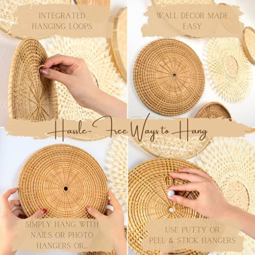 b.spoke Hanging Wall Basket Decor β Set of 6 Handmade Decorative Boho Woven Wall Baskets - Round Natural Bamboo, Wicker, Rattan Wall Decor for Your Home