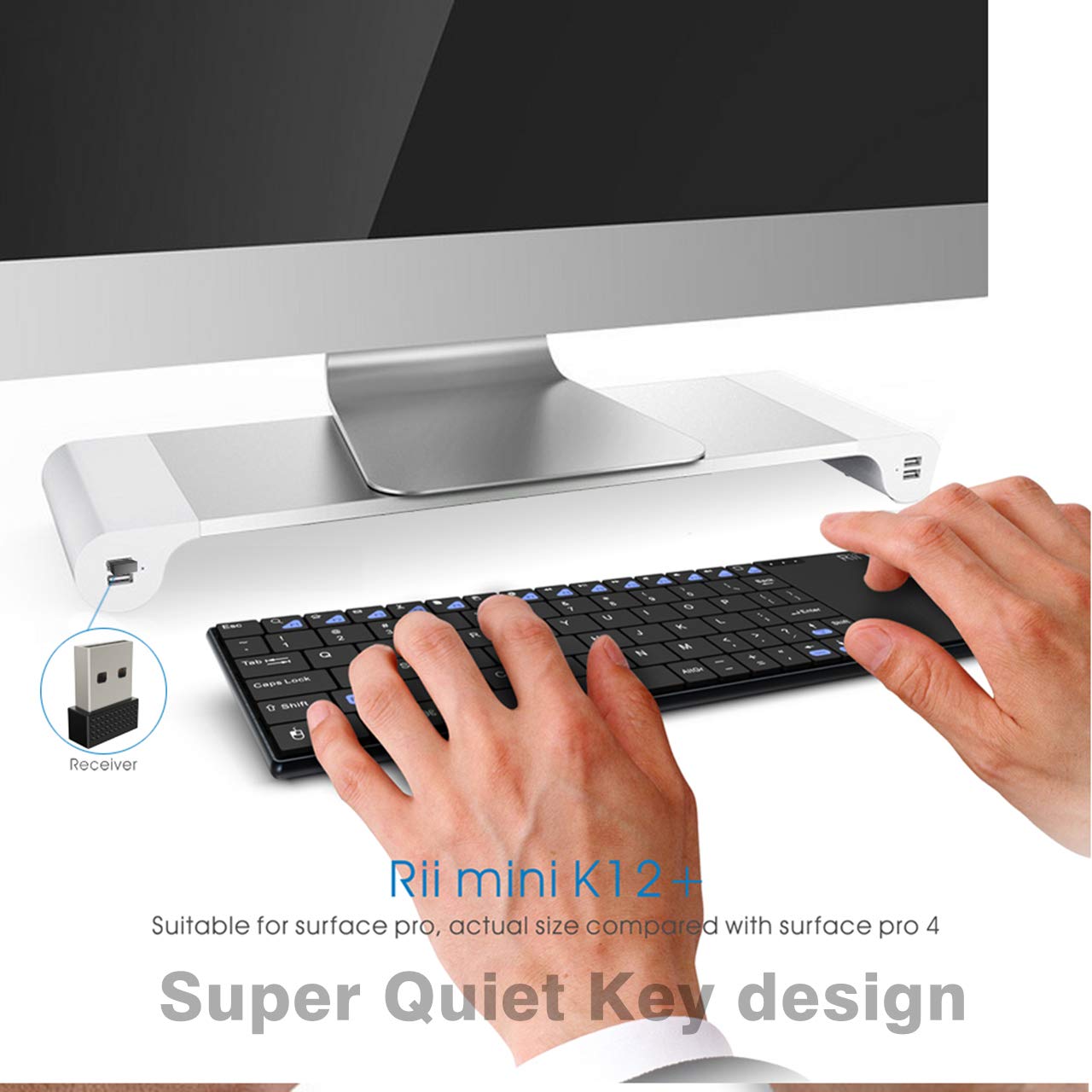 Rii K12+ Mini Wireless Keyboard with Large Touchpad Mouse&Qwerty Keypad, Stainless Steel Portable Wireless Keyboard with USB Receiver for MacBook/iPad/Tablet/PC/Laptop/Smart TV/Raspberry Pi - Black