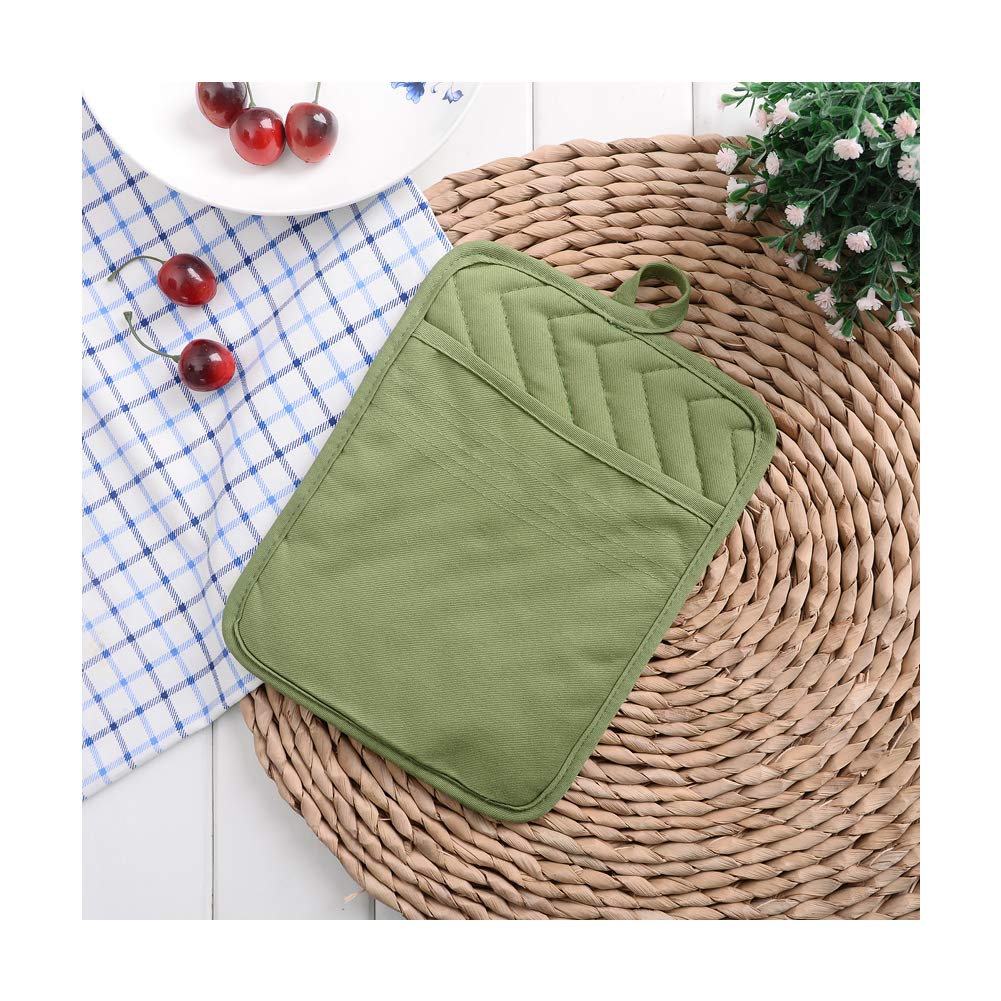 Anyi Pot Holders for Kitchen Heat Resistant, Cotton Hot Pads for Kitchen Counter Table, Green Kitchen Pot Holders with Pocket