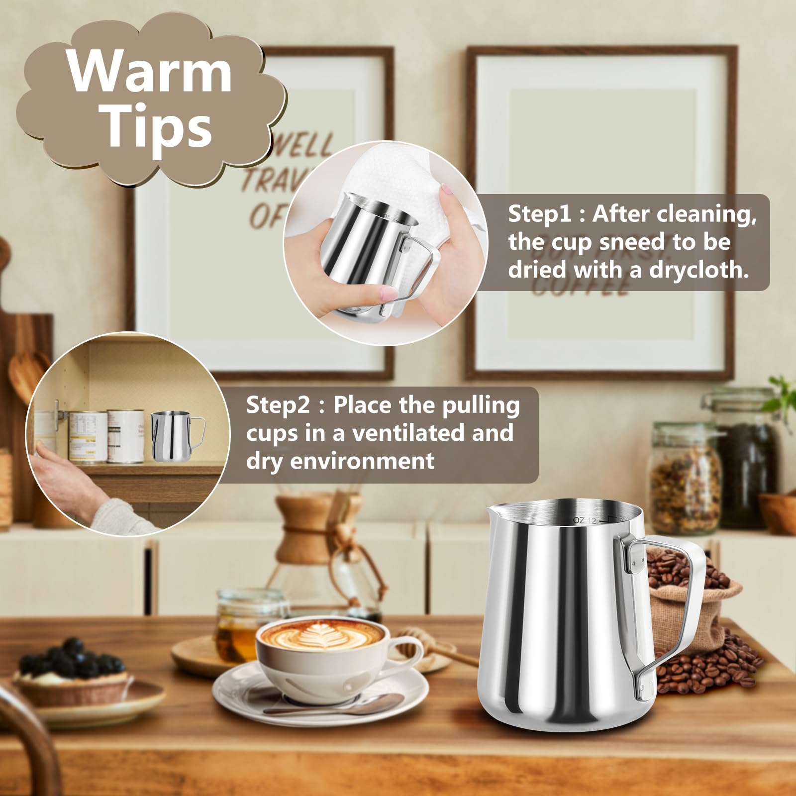 Milk Frothing Pitcher, Espresso Steaming Pitcher 12oz, Espresso Machine Accessories, Stainless Steel Milk Coffee Cappuccino Barista Steam Pitchers Milk Jug Cup with Spoons