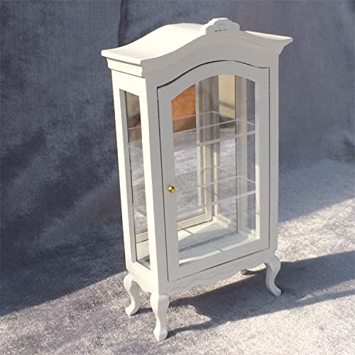 Miniature Furniture Display Shelf 1:12 Wooden Cabinet with Mirror & Three Shelves Bookshelf Dollhouse Display Stand Decoration Accessories Mini Diningroom Scene Ornaments