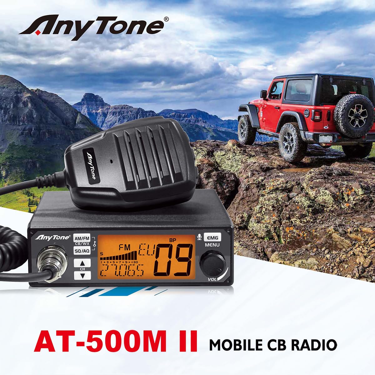 AnyTone AT-500M II CB Radio for Truck, 12V Mobile Transceiver with NRC, VOX, AM/FM, PA, WX, Emergency Channels, Output Power 4W, CTCSS/DCS, Talkback and 7 Color Display
