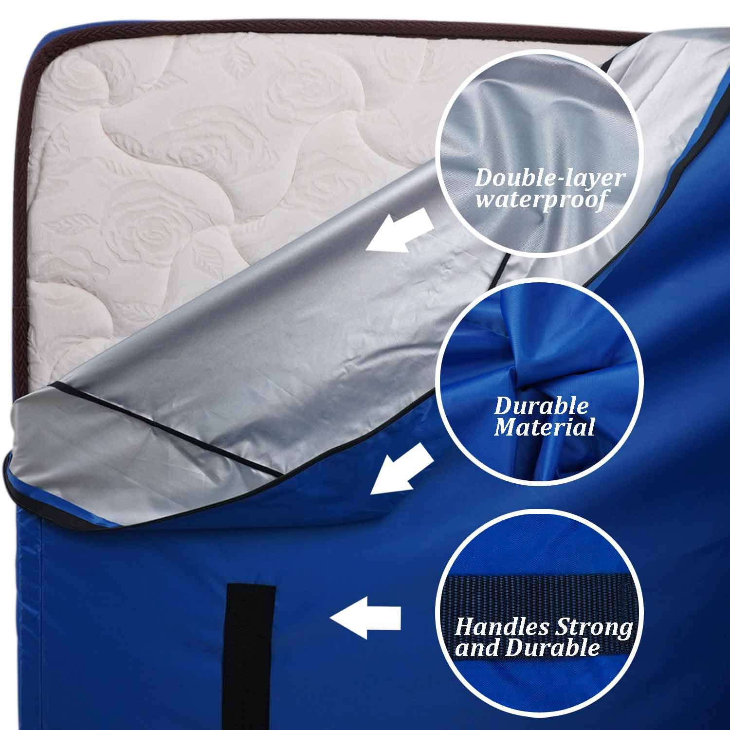 Full Mattress Bag for Moving Storage Protector, Waterproof Reusable Mattress Cover with Heavy Duty 8 Handles Water Resistant Zipper Closure and 2 Adjustable Straps, Blue