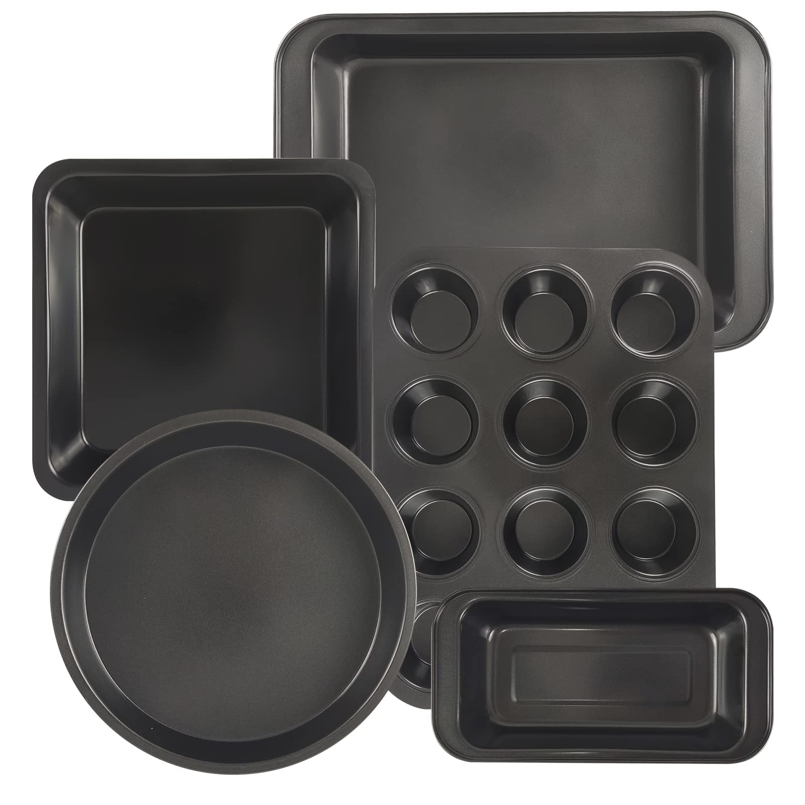 Baking Pans Sets Nonstick,5pcs Bakeware Sets with 12 Cup Cupcake Muffin pan,Round/Square Cake Pan, Muffin Pan, Loaf Pan, Roast Pan, Baking Sheets for Oven,Cookie Sheets for Baking,Toaster Oven Pans