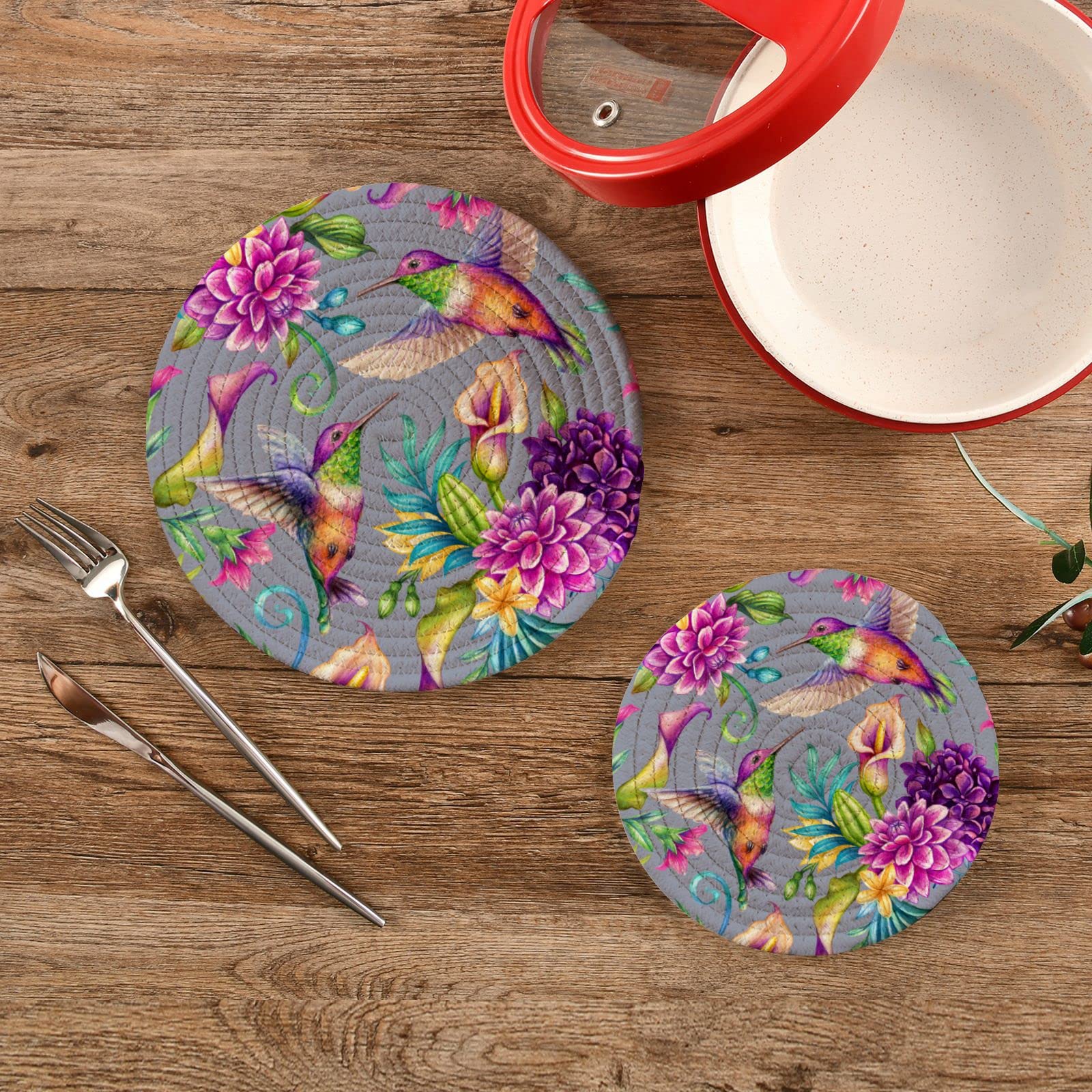 Blueangle Hummingbird on Purple Flowers Pot Holders Trivets Set 2 Pcs, Potholders for Kitchens, Pure Cotton Thread Weave Trivets for Hot Dishes/Pot/Bowl/Hot Pot Holders(755)
