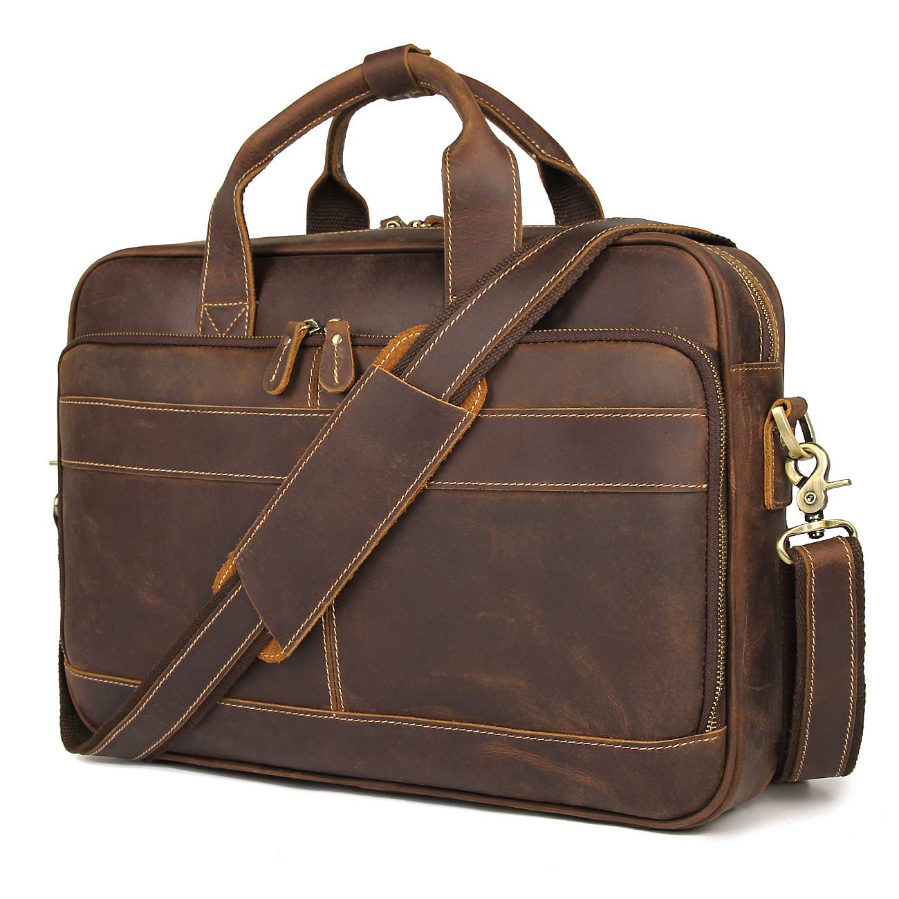 Augus Leather Messenger Bag for Men Vintage Travel Backpack 15.6 inch laptop Briefcase Shoulder Bags With YKK Metal Zipper