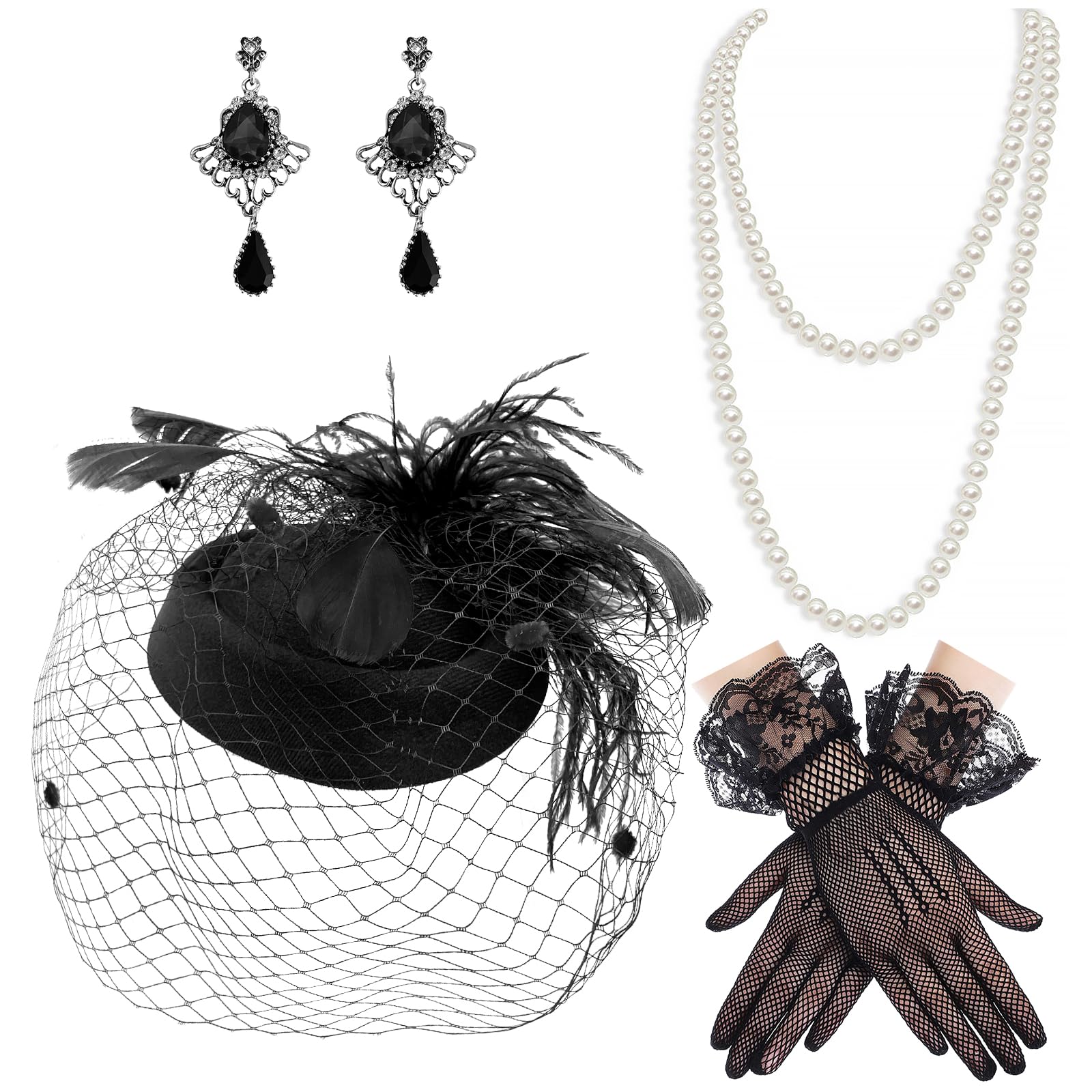 Black Vintage Feather Fascinators Hats Pillbox Hat Set 20s 50s Top Hat Lace Gloves Pearl Jewelry Set for Women Halloween Cocktail Tea Party Wedding