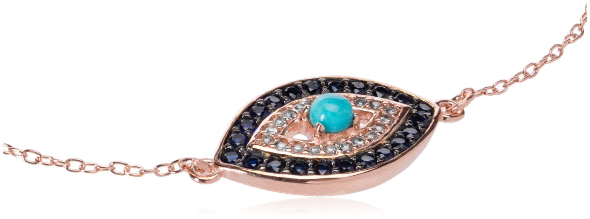 Amazon Essentials 14K Rose Gold Plated Sterling Silver Genuine Turquoise and Created Sapphire Evil Eye Bracelet, 7.25" + 1" Extender, (previously Amazon Collection)
